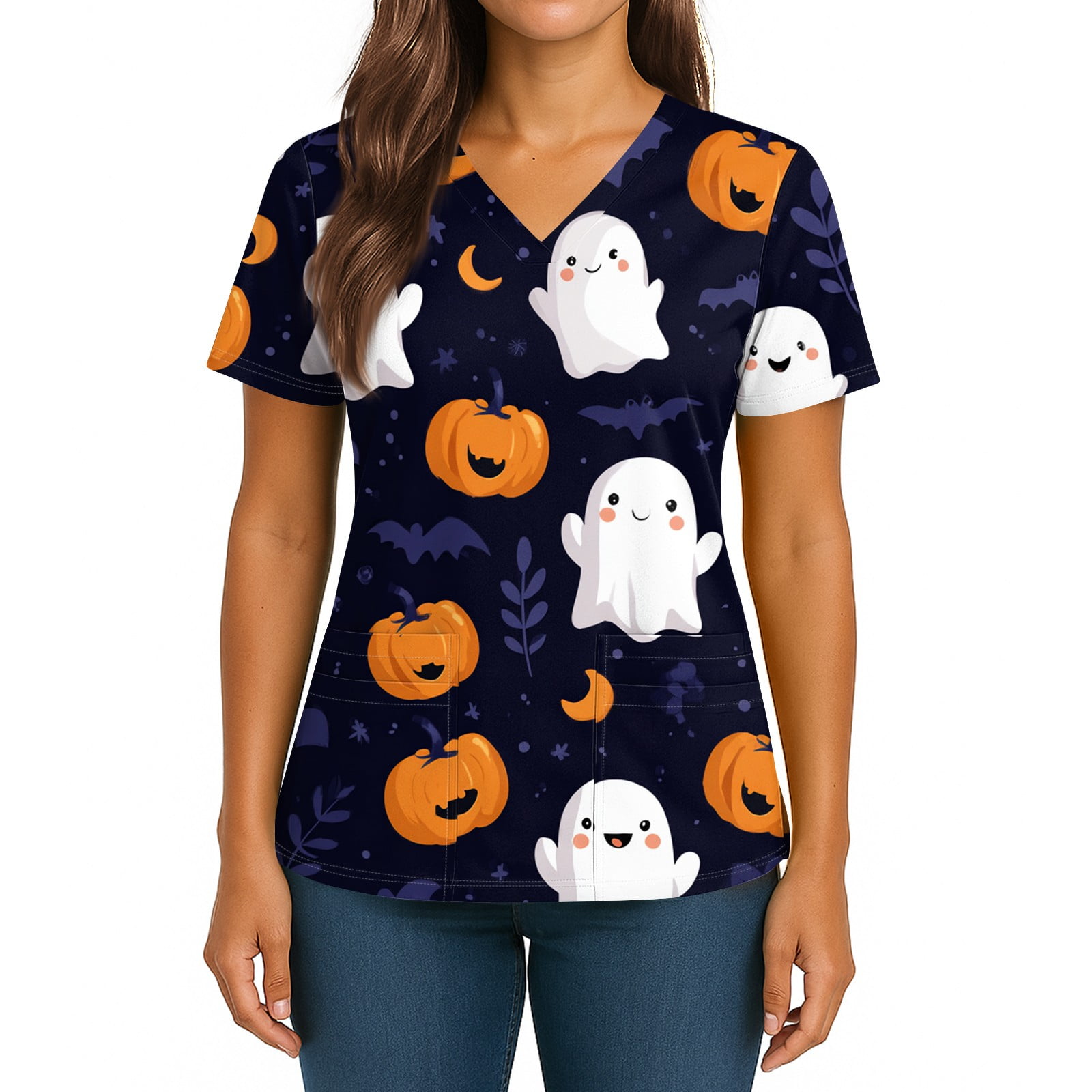 MLQIDK Halloween Scrubs for Womens Pumpkin Ghost Bat Funny Nurse ...