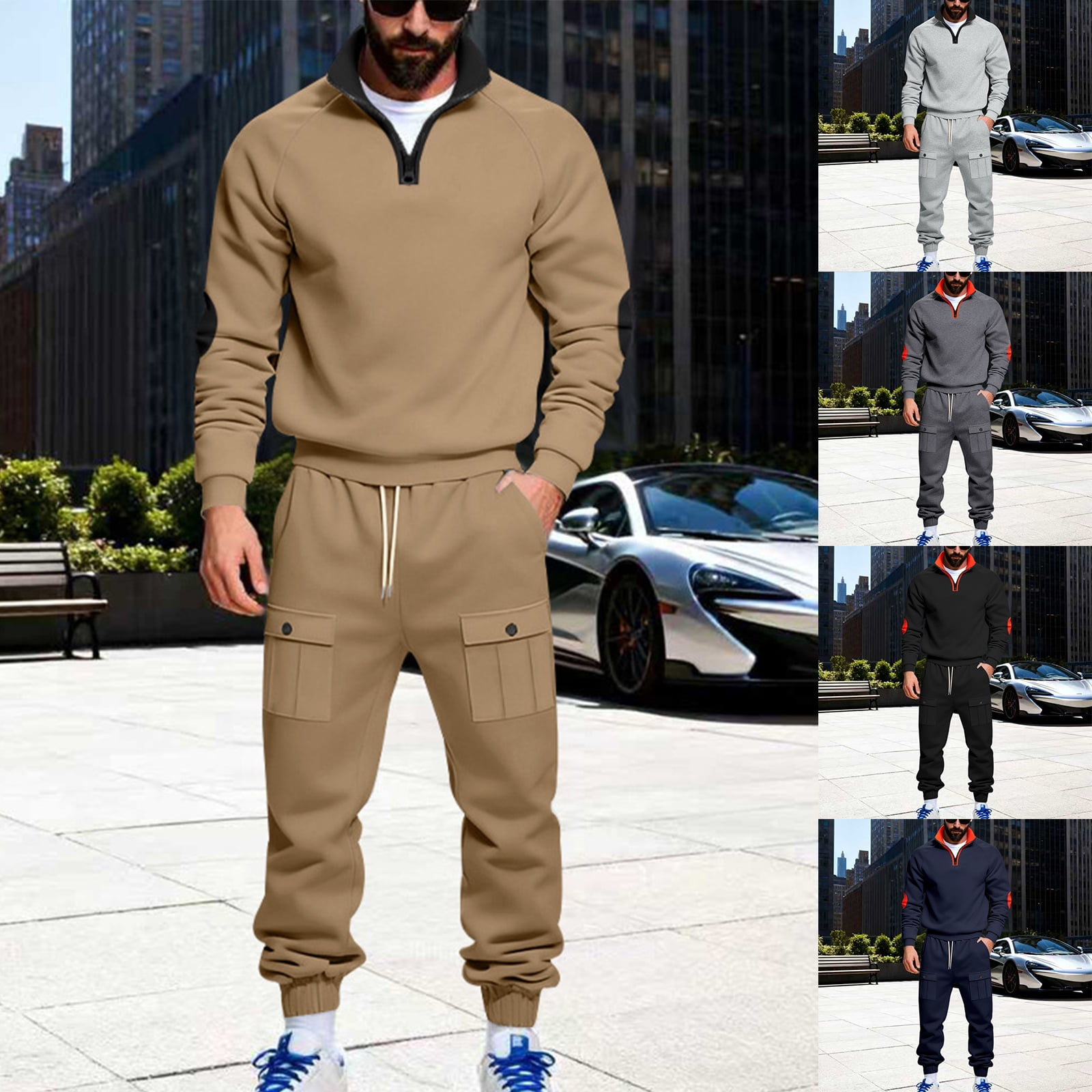 MLQIDK Mens Track Suits 2 Piece Set Winter Workout Gym Fleece Hoodie ...