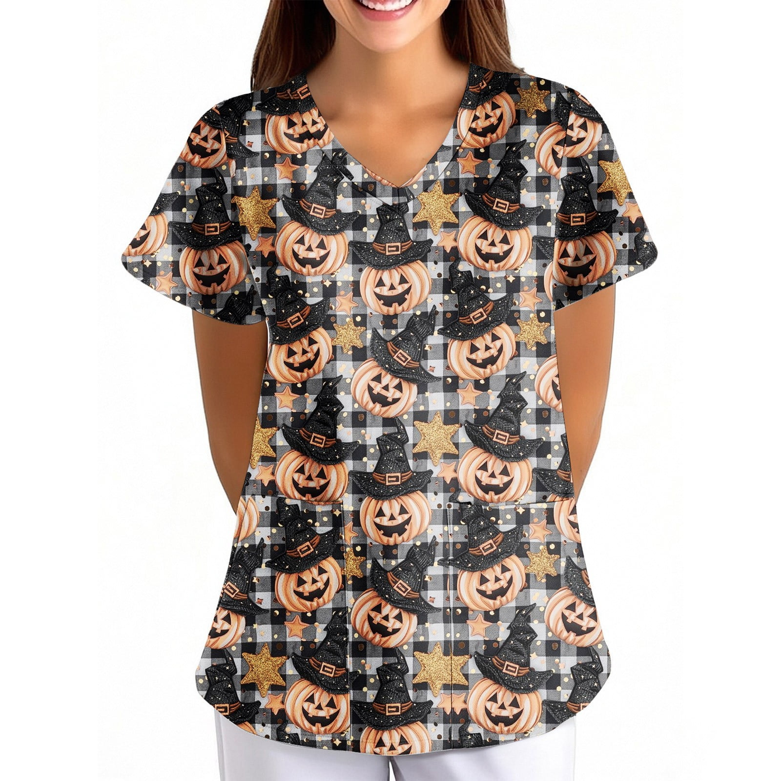 MLQIDK Plus Size Scrubs for Women Stretch Funny Nurse Uniform Shirts Short Sleeve V Neck Scrub ...