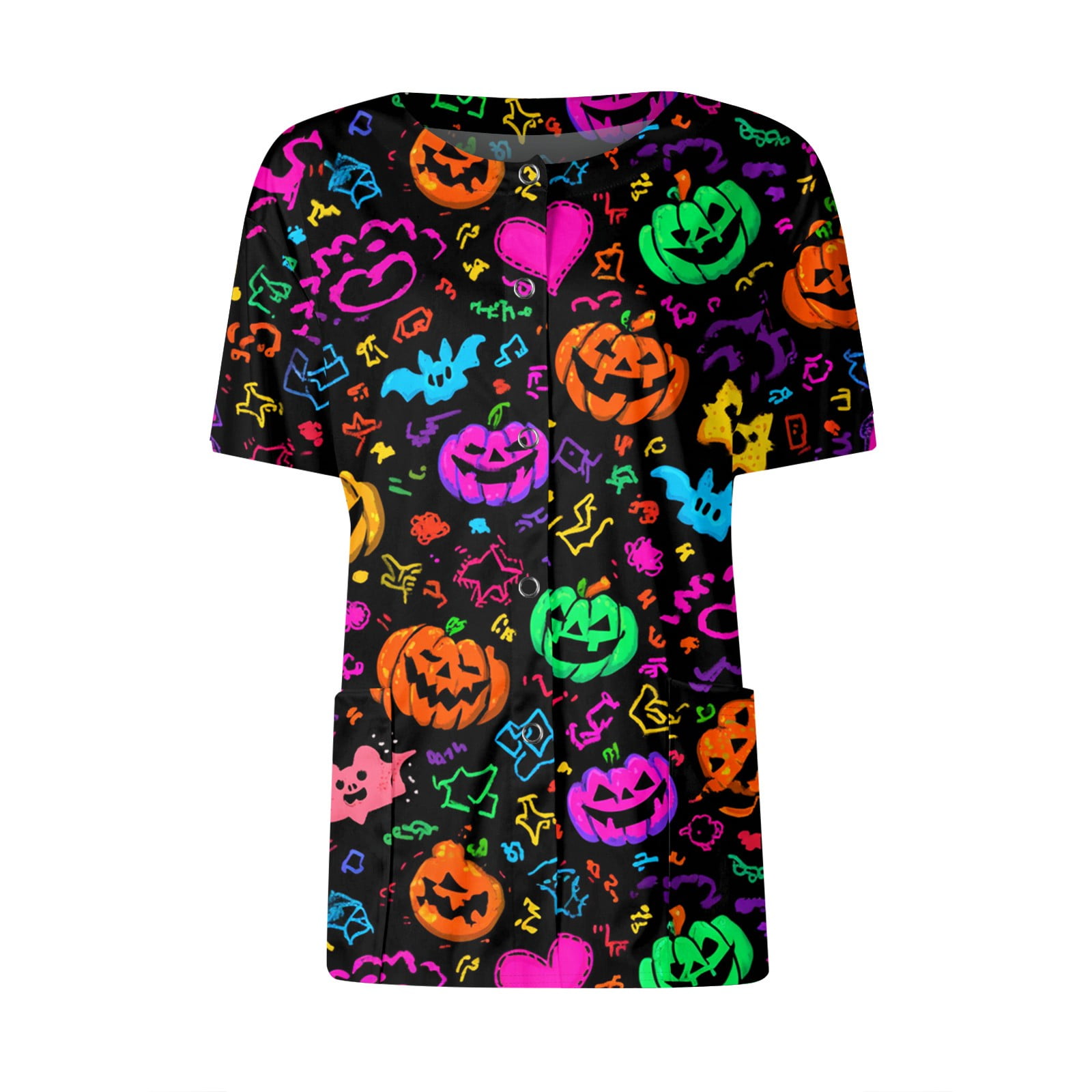 MLQIDK Womens Halloween Scrub Jacket Short Sleeve Button up Plus Size ...