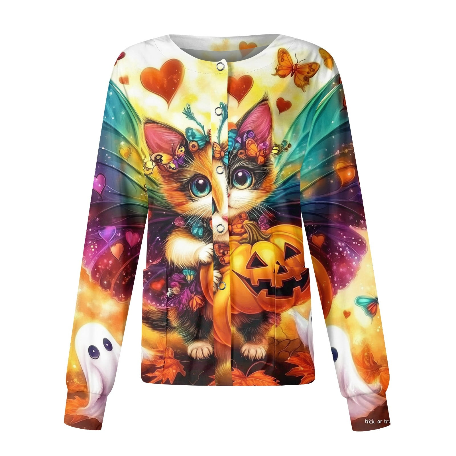 MLQIDK Womens Halloween Scrub Jacket Stretchy Nurse Jacket Pumpkin ...