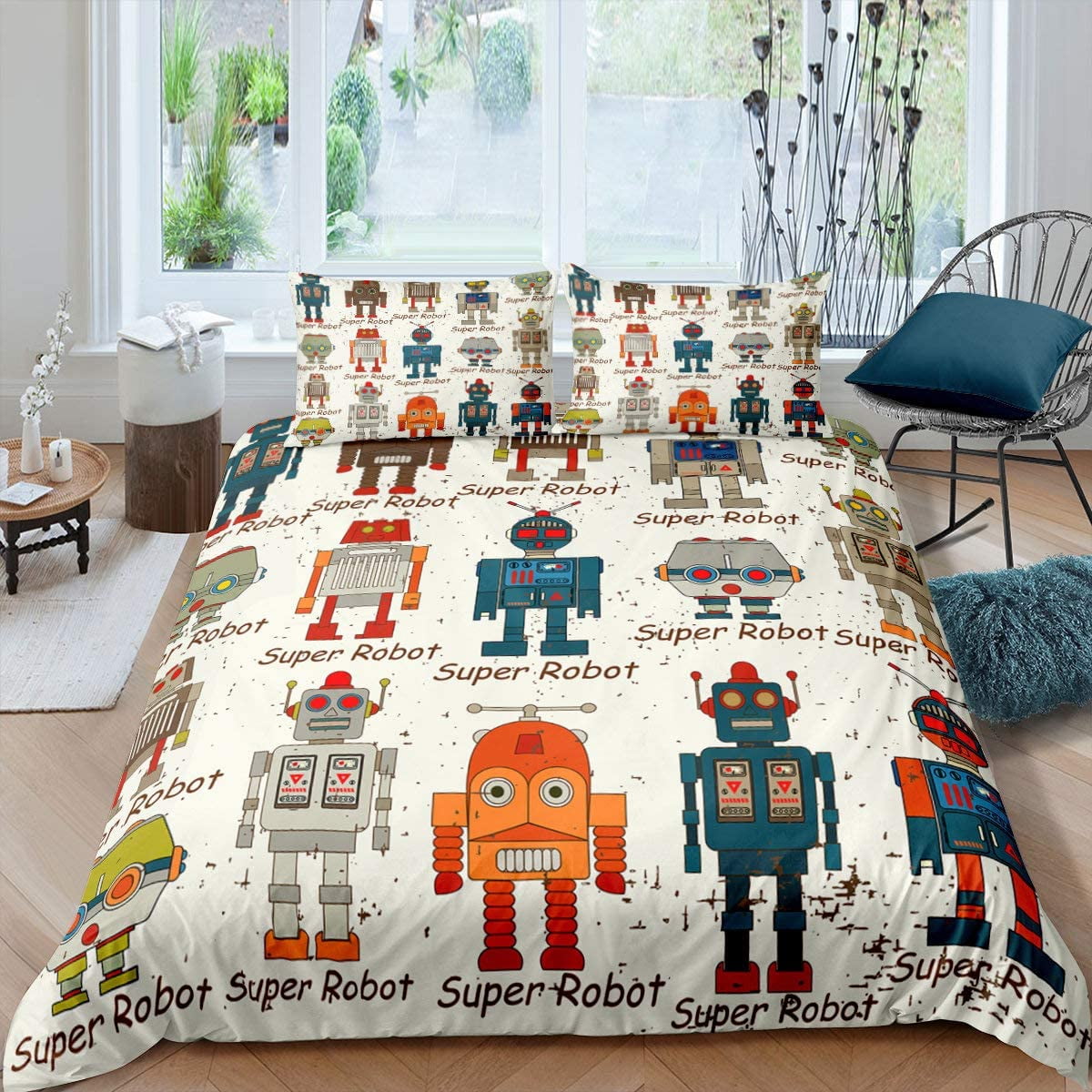 MLWWS - 53x78 Inch Robot Bedding Set Kids Boys Girls Watercolor Robot ...