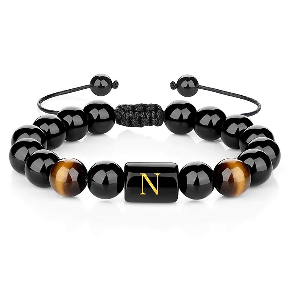MLYeeWf 1PC N Crystal Beaded Round Gemstone Bracelet, Black, 6.29 in ...