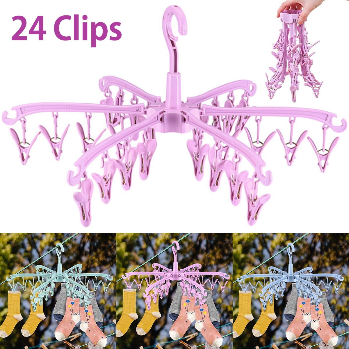 MLfire Sock Drying Rack 24 Clips Folding Sock Hanger Rotary Plastic ...