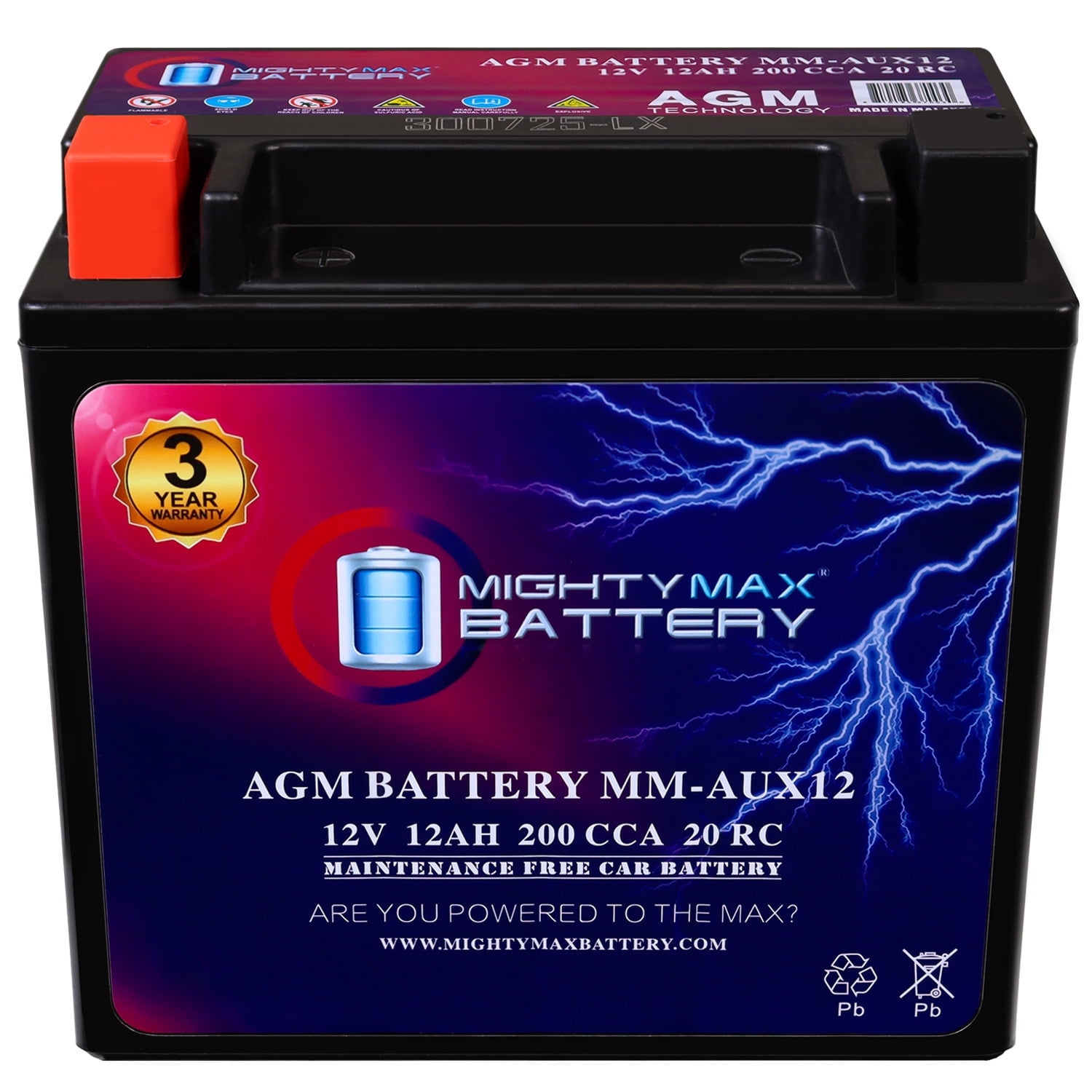 MM-AUX12 Auxiliary Battery 12V 12Ah, 20RC, 200 CCA Rechargeable AGM Car ...
