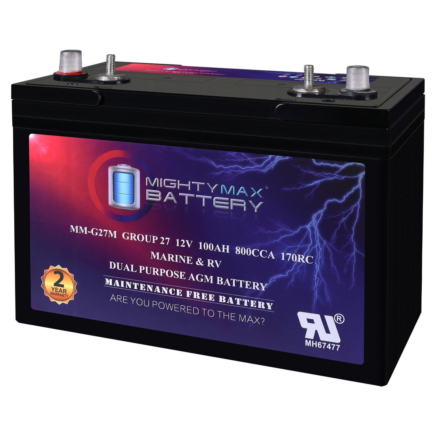MM-G27M, 12V 100Ah, Group Size 27M Deep-Cycle Marine AGM, Dual-Purpose ...