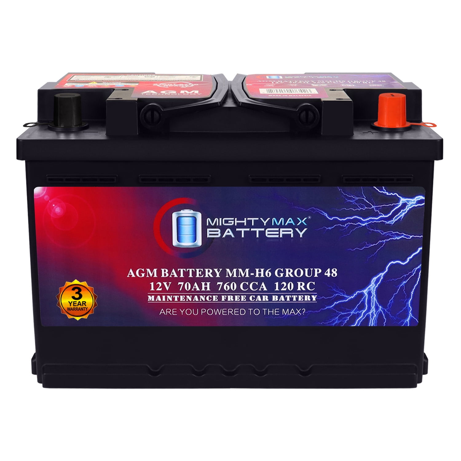 Mighty Max MM-H6 AGM Car Battery, 12V 70AH, 760CCA, Group Size 48 ...