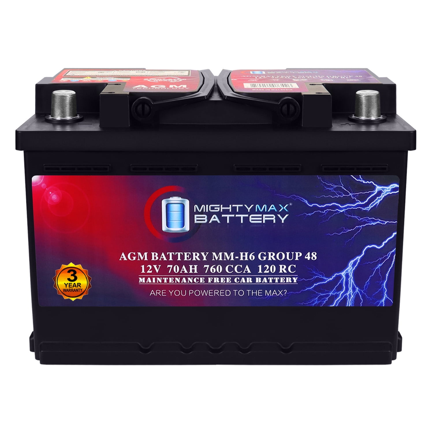 Mighty Max MM-H6 AGM Car Battery, 12V 70AH, 760CCA, Group Size 48 ...
