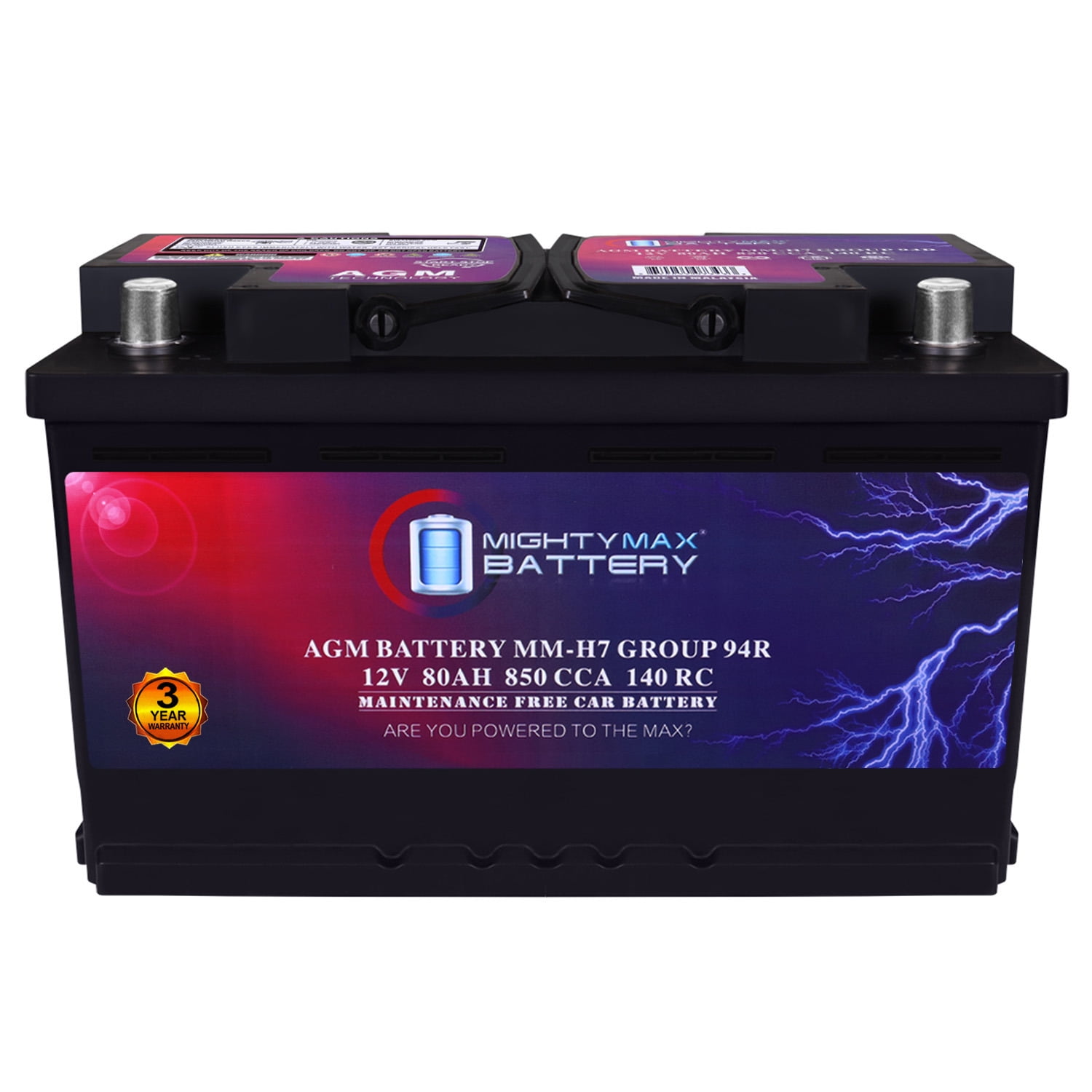 Mighty Max MM-H7 AGM Car Battery, 12V 80Ah, 94R Group, 850 CCA, 140 RC ...