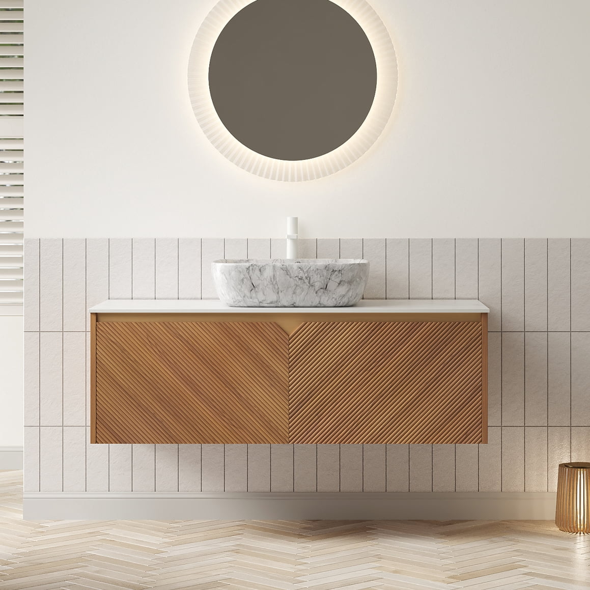 MMGW 48-Inch Brown Oak Floating Vanity with Twill Doors, Marble Pattern ...