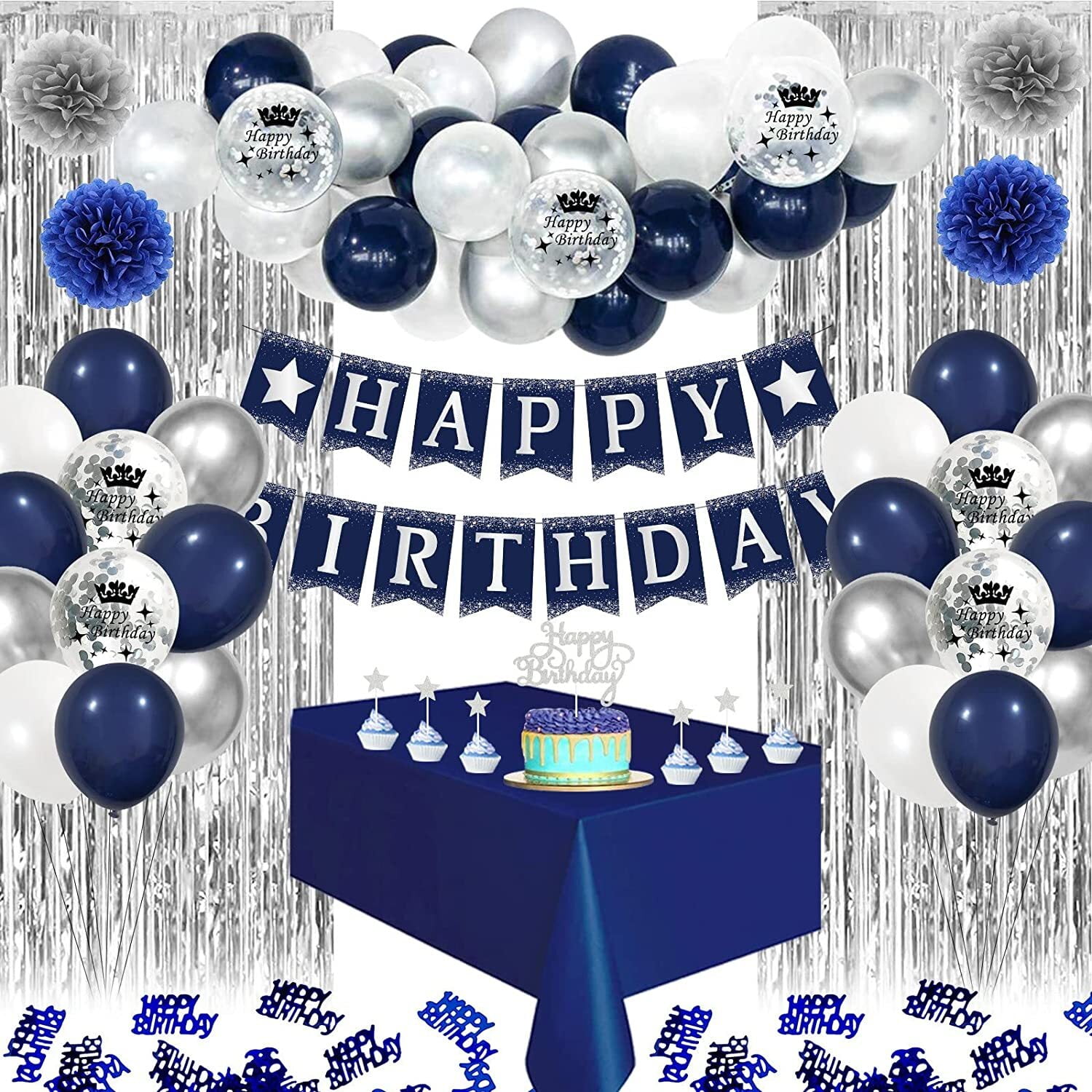 MMTX Birthday Decoration Man, Navy Blue Silver and White Balloon Arch with Happy Birthday Banner ...