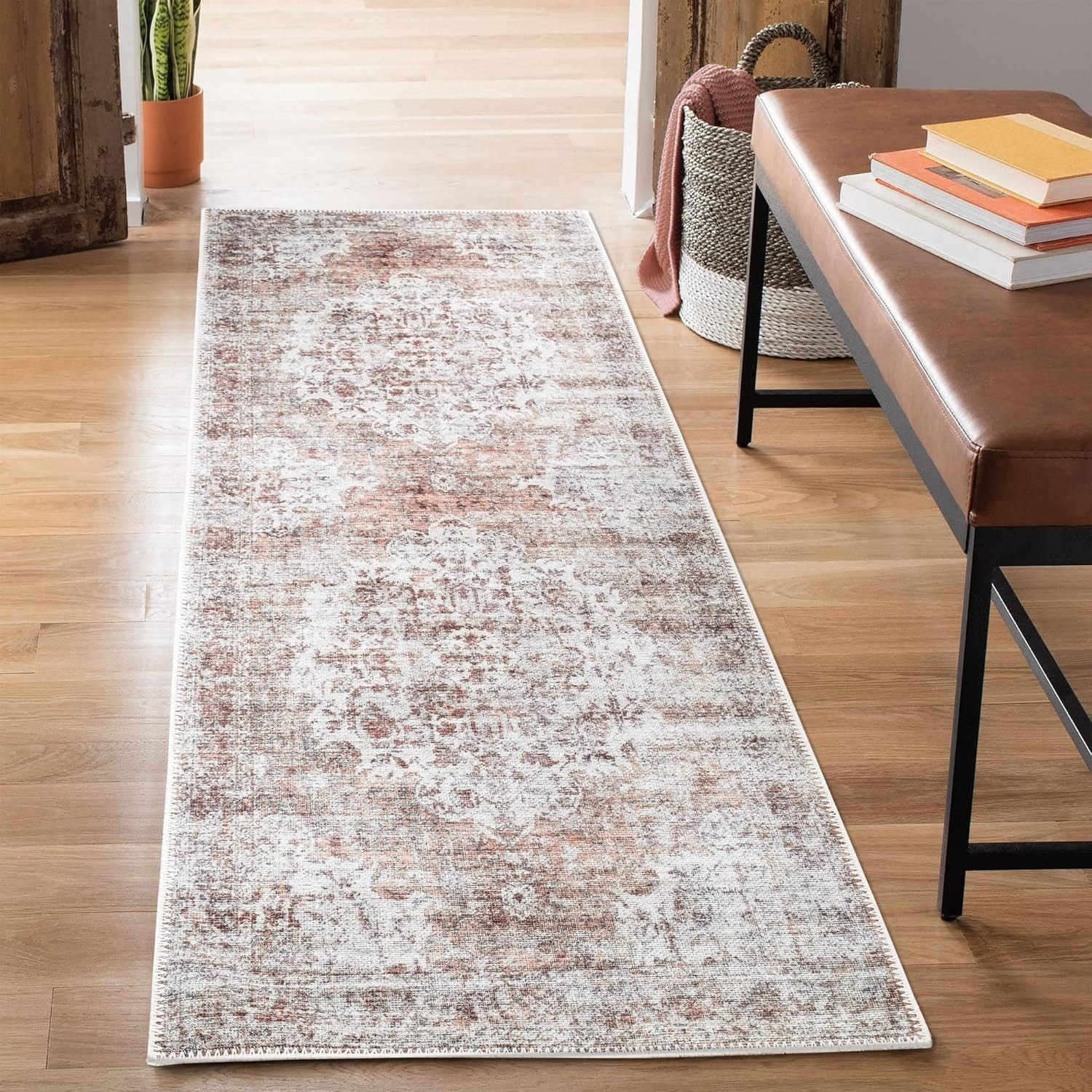 MMZP Washable Non-Slip 12 ft Runner - Ivory/Blush Traditional Runner ...