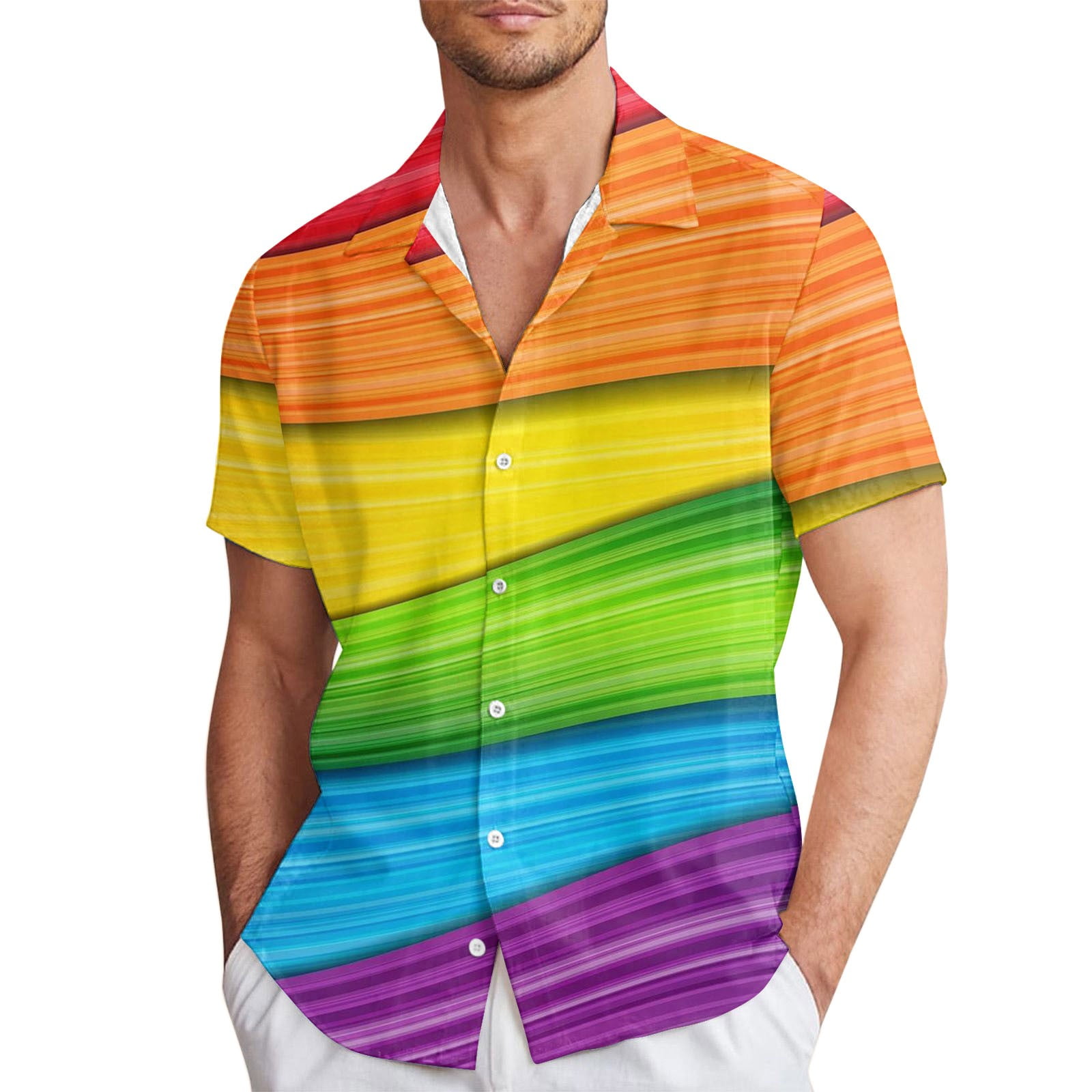MNCEKFOD Men Shirts Summer 2025 Color Block Rainbow Striped Printed ...