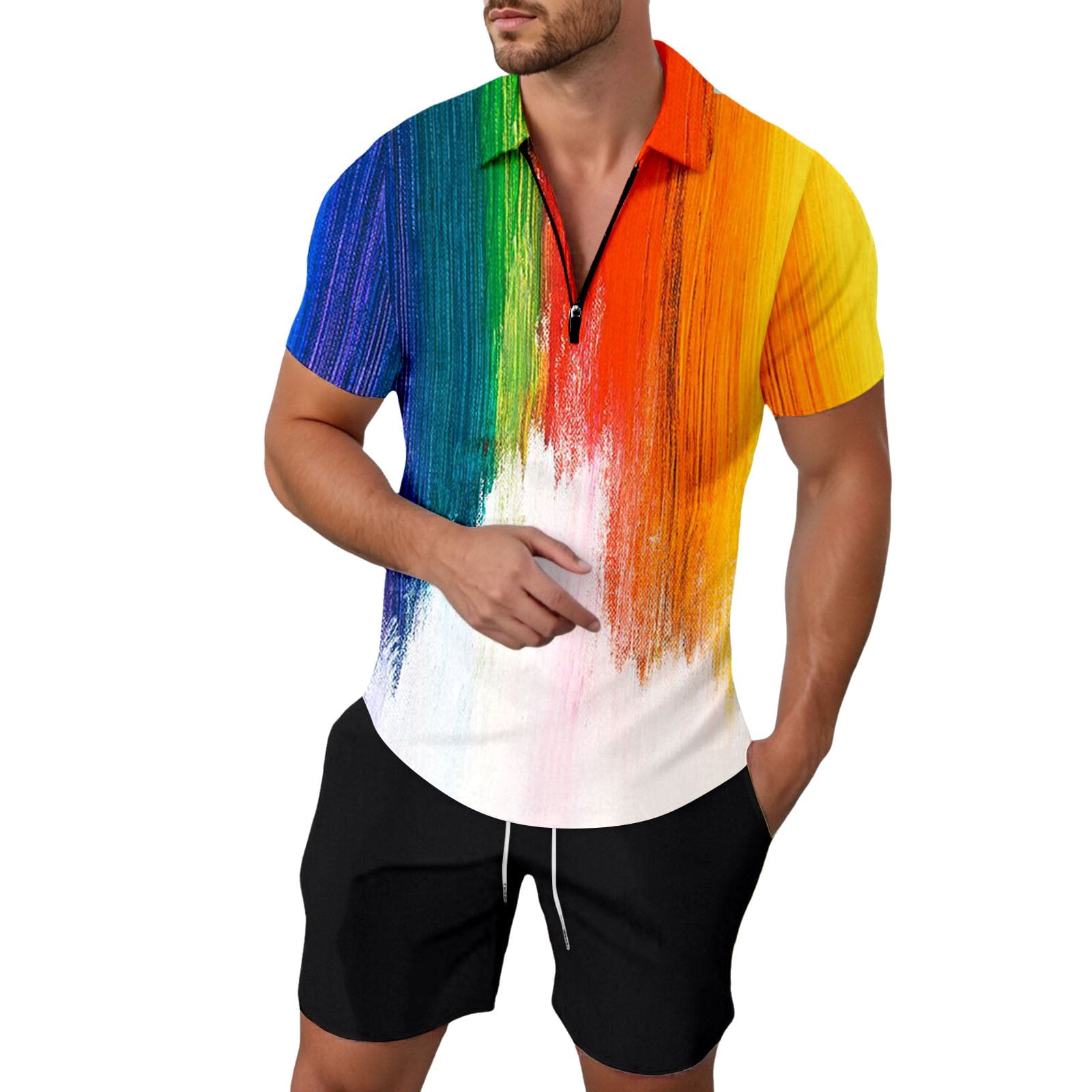 MNCEKFOD Men Short Sets Outfits Summer 3D Printed Short Sleeve Polo ...