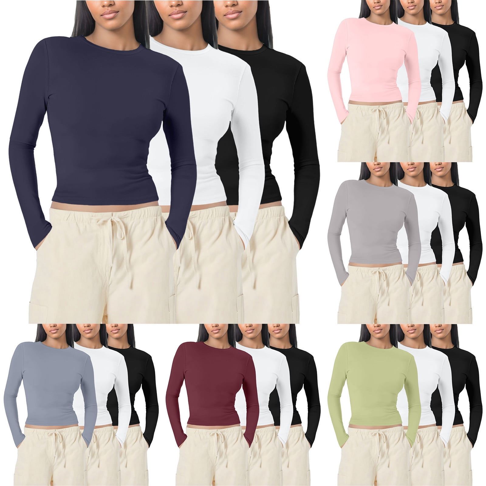 MNCEKFOD T Shirts for Women Summer 2025 3 Piece Long Sleeve Basic Crop ...