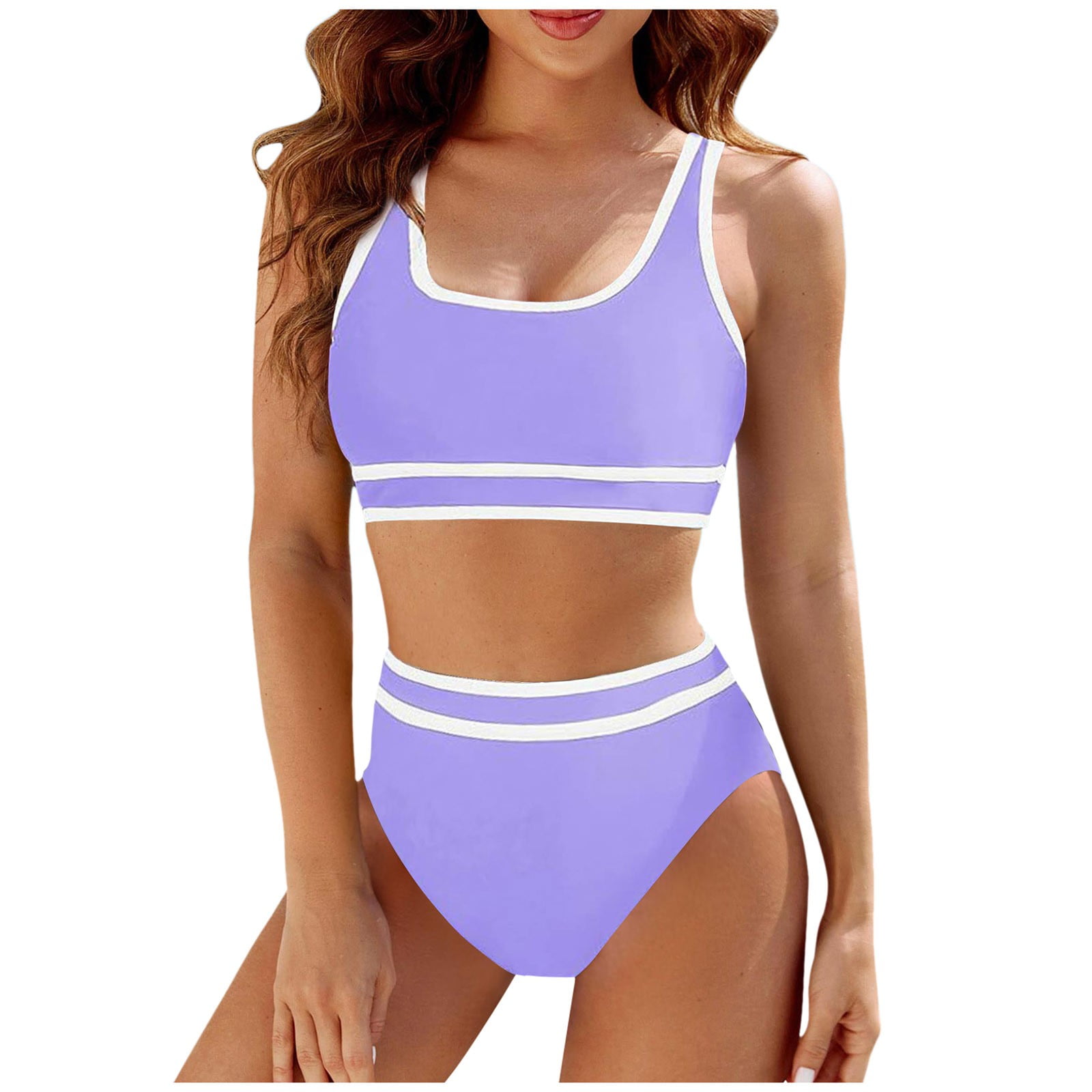 MNCEKFOD Tankini Swimsuits for Women Sporty Two Piece Swimsuit Color Block High Cut Swimwear PP1 ...