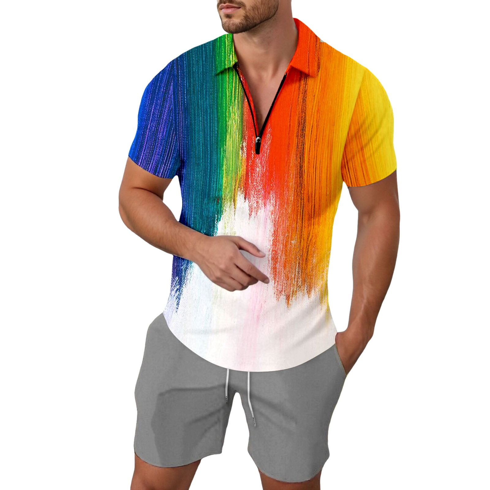 MNCEKFOD Two Piece Shorts Sets for Men 3D Printed Short Sleeve Polo ...