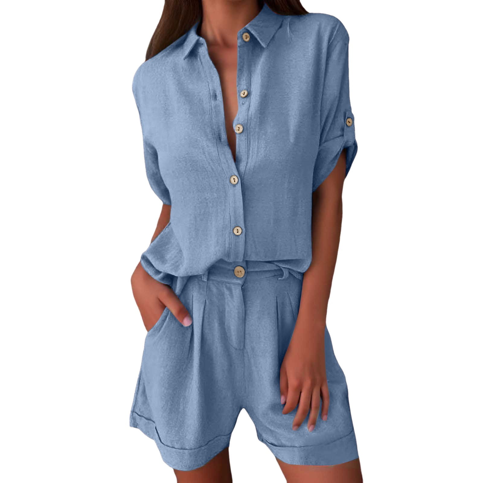 MNCEKFOD Women's Bermuda Shorts 2Pcs Casual Short Sets Short Sleeve ...