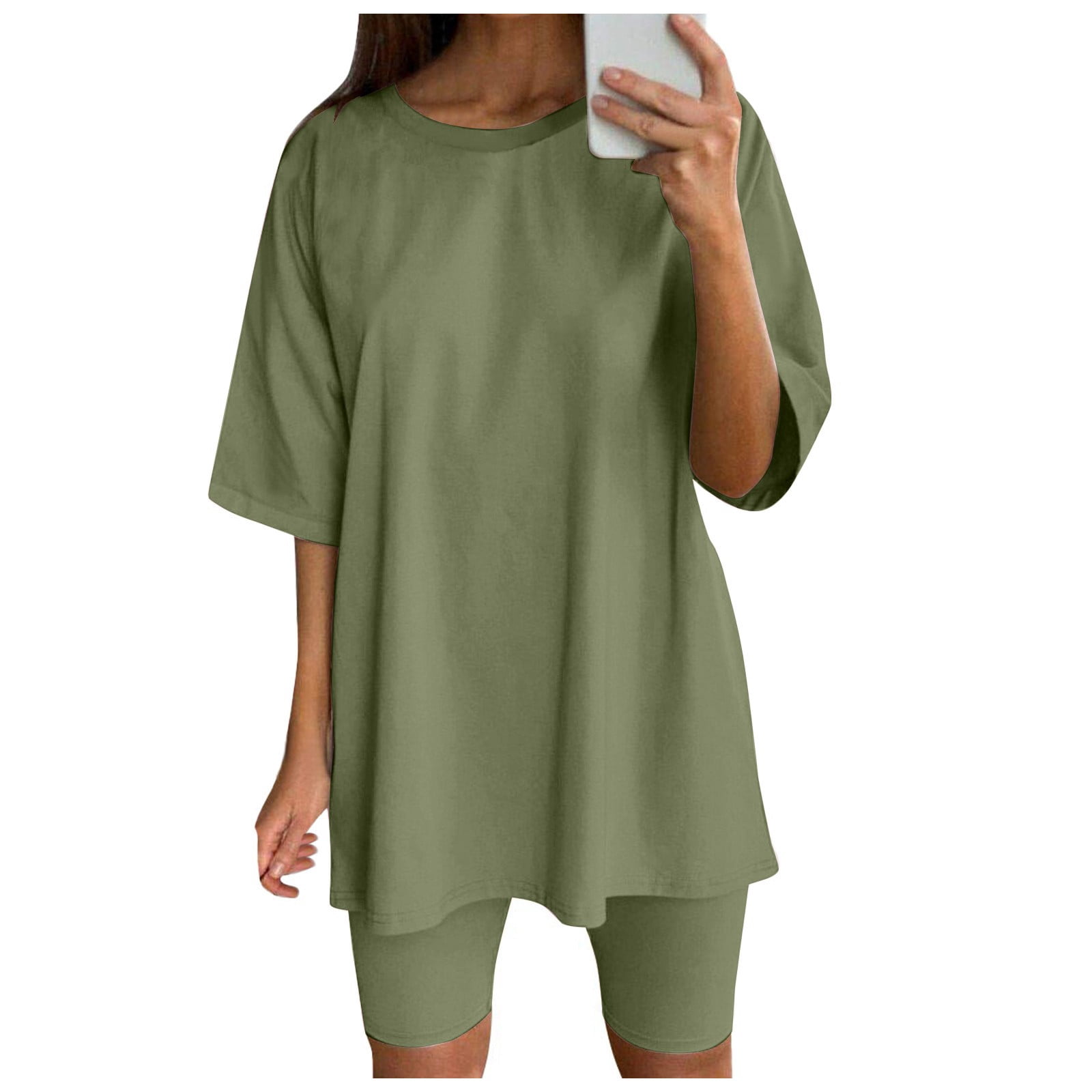 MNCEKFOD Women's Bermuda Shorts Two Piece Yoga Sport Sets Short Sleeve ...
