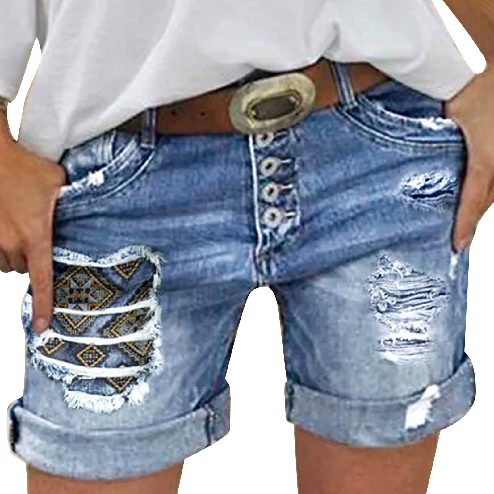 MNCEKFOD Womens Bermuda Shorts Stylish Summer Patch Jeans Shorts Loose ...