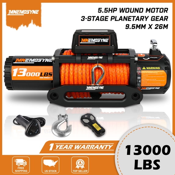 MNEMOSYNE Electric Winch 13000LBS Synthetic Rope 12v Wireless Remote ...