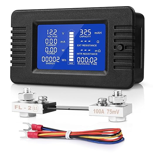 MNJ MOTOR DC 9 in 1 Battery Monitor Meter with Shunt, 0-200V 0-100A LCD Display Digital Current ...