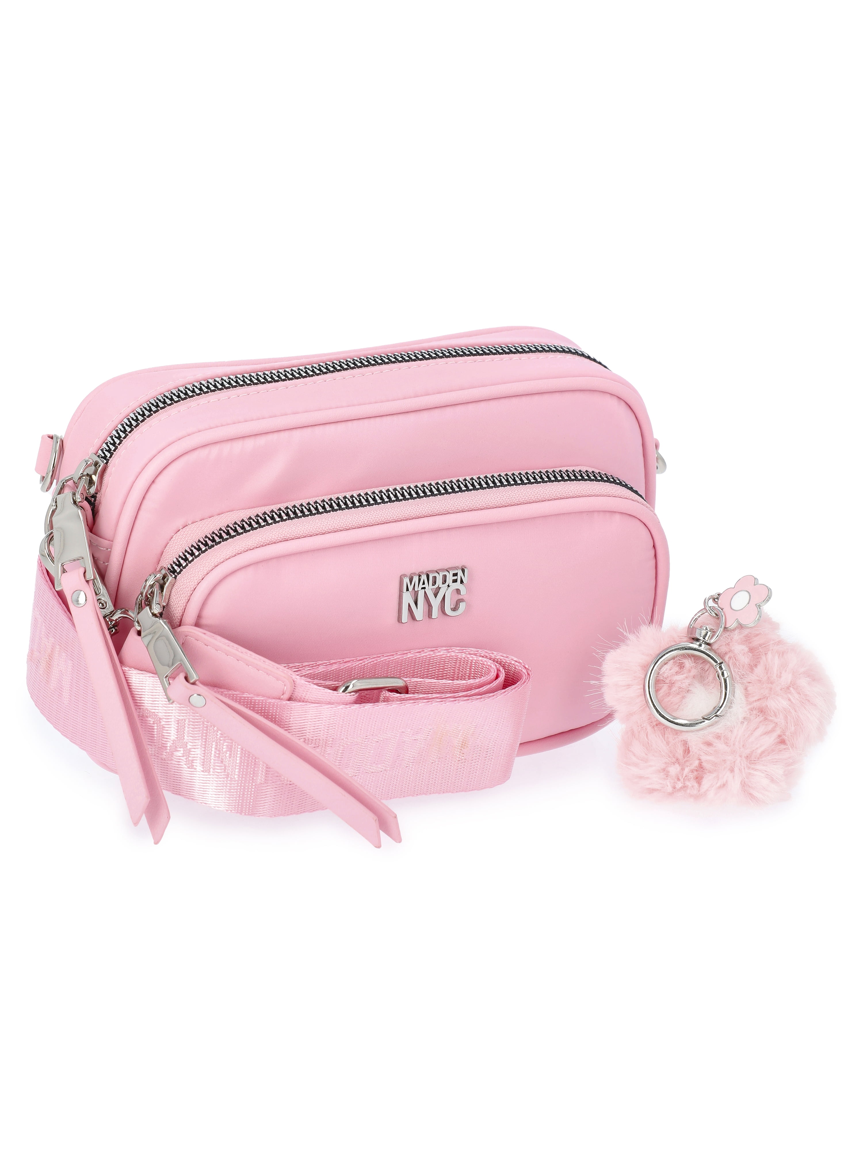 Madden NYC Women's Nylon Camera Handbag with Charm Keychain, Pink ...