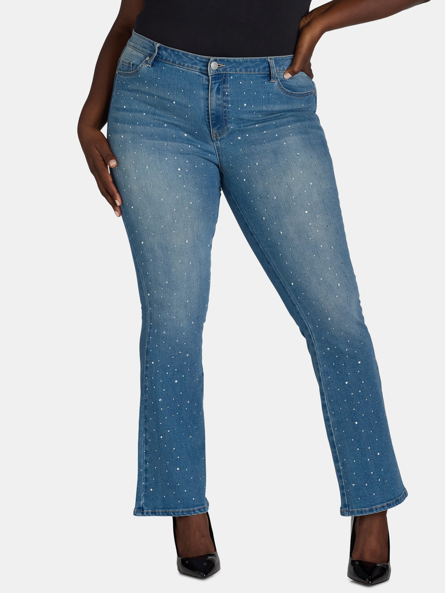 Madden NYC Women’s and Women’s Plus Bootcut Rhinestone Jeans, 32 ...