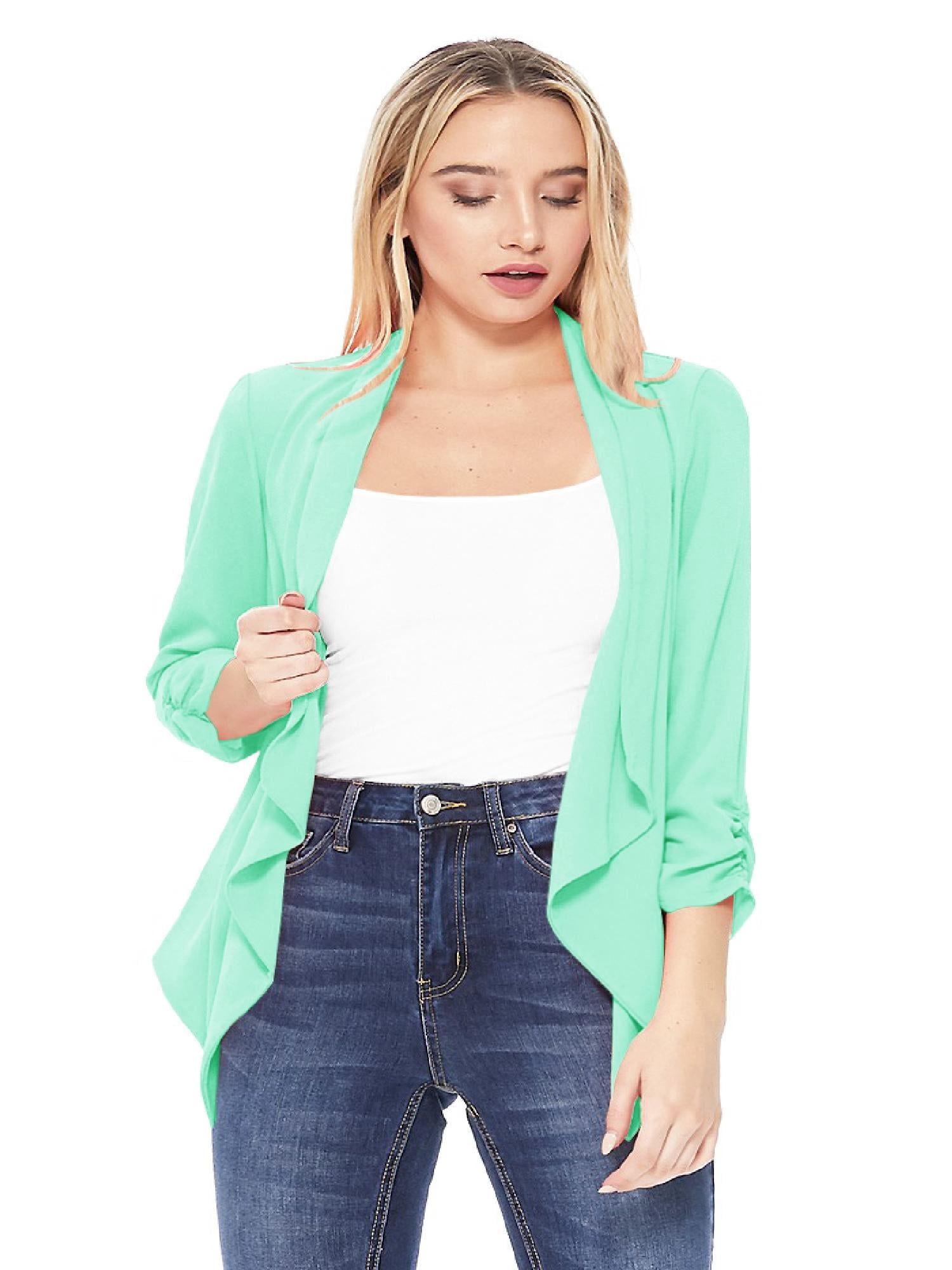 MOA COLLECTION Women 3/4 Sleeve Woven Blazer Open Front Cardigan Jacket ...