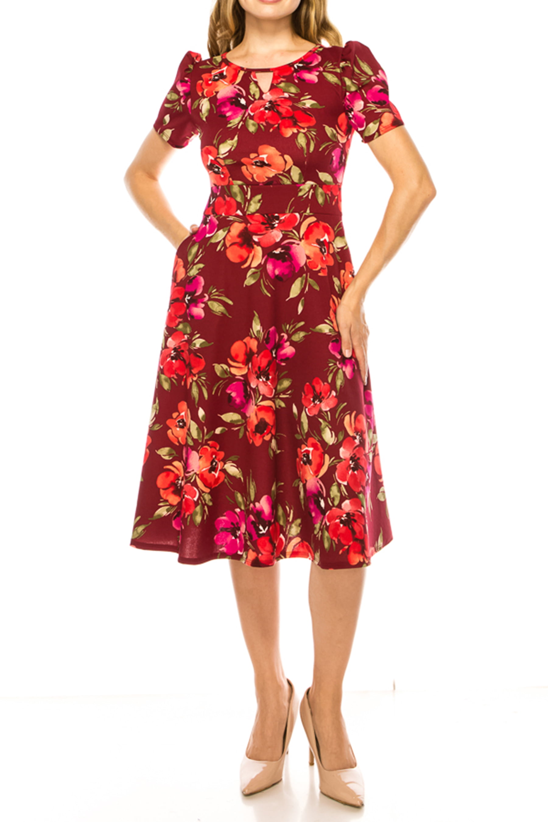 Moa Collection Women's A-Line Dress Puff Sleeves and Keyhole Front ...