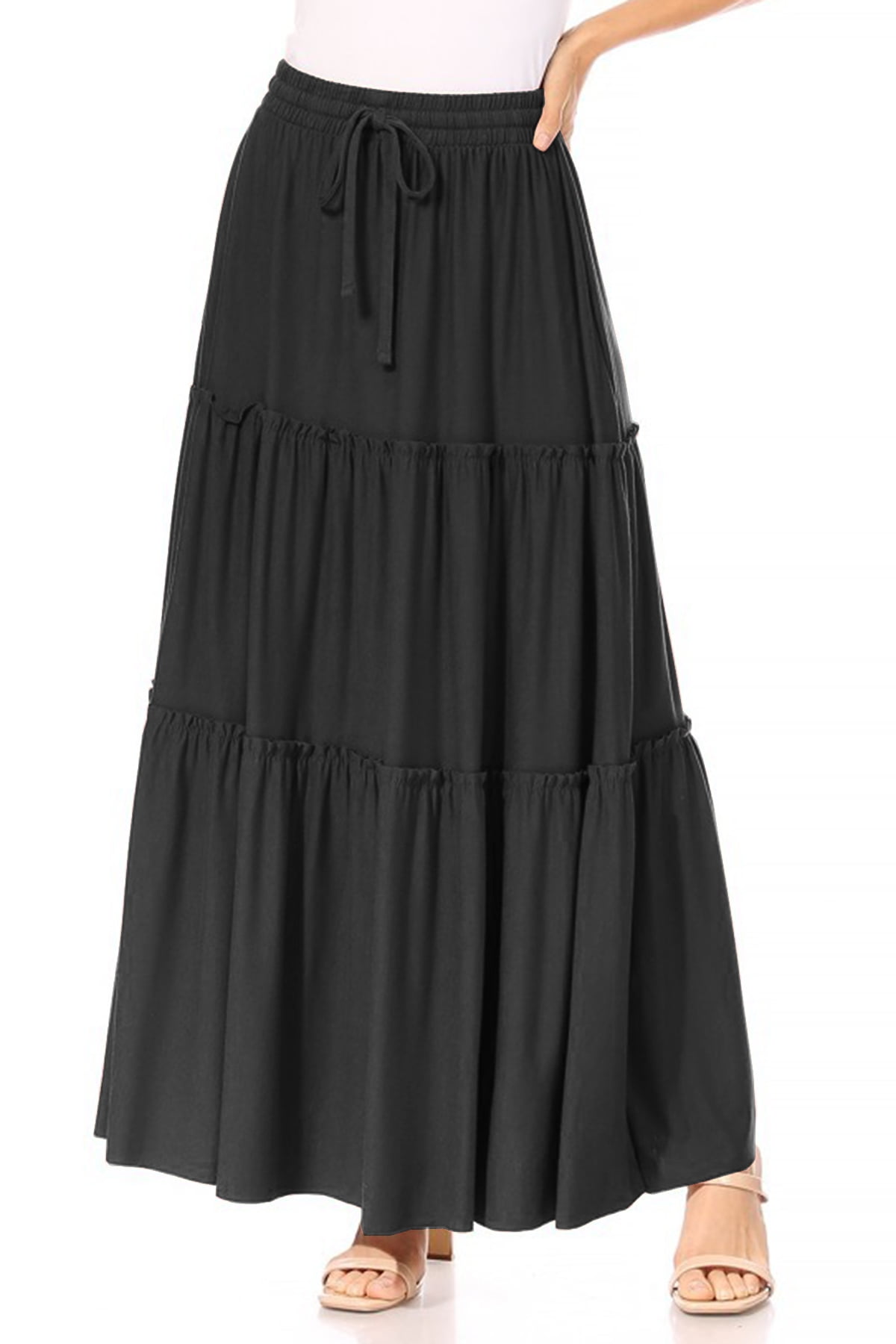 MOA COLLECTION Women's Elastic High Waist Solid A Line Ruffle Maxi ...
