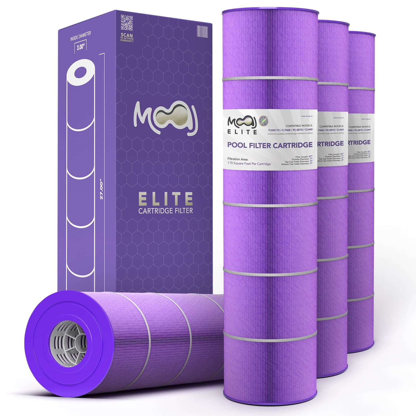 MOAJ Elite 4-Pack Pool Filter Cartridge, 115 SF, Hex-Flo Filtration ...