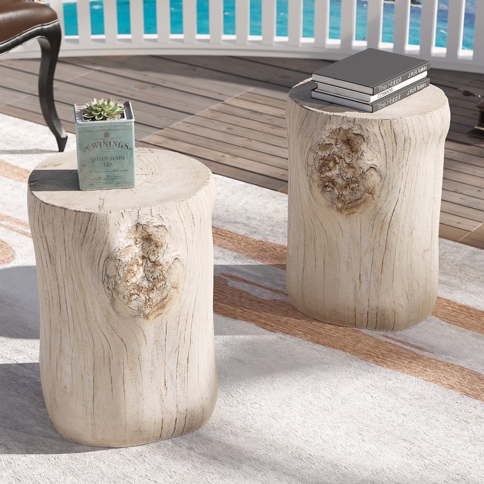 MOALCOFER 2-Piece Outdoor Beige Accent Side Table,Faux Wood and MgO ...