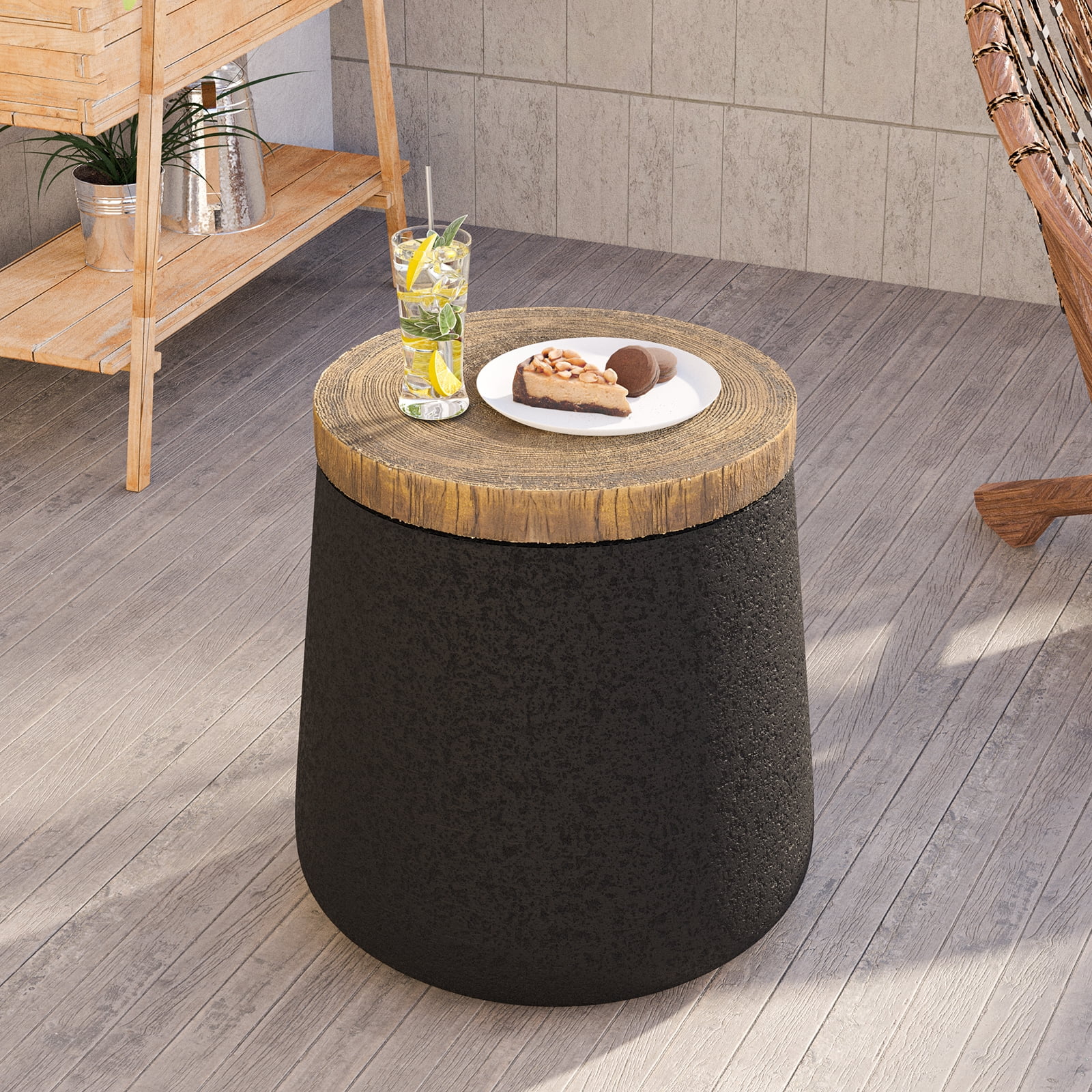 MOALCOFER Outdoor Black Side Table with Wood Grain Top,Round Cylinder Accent Table - Walmart.com