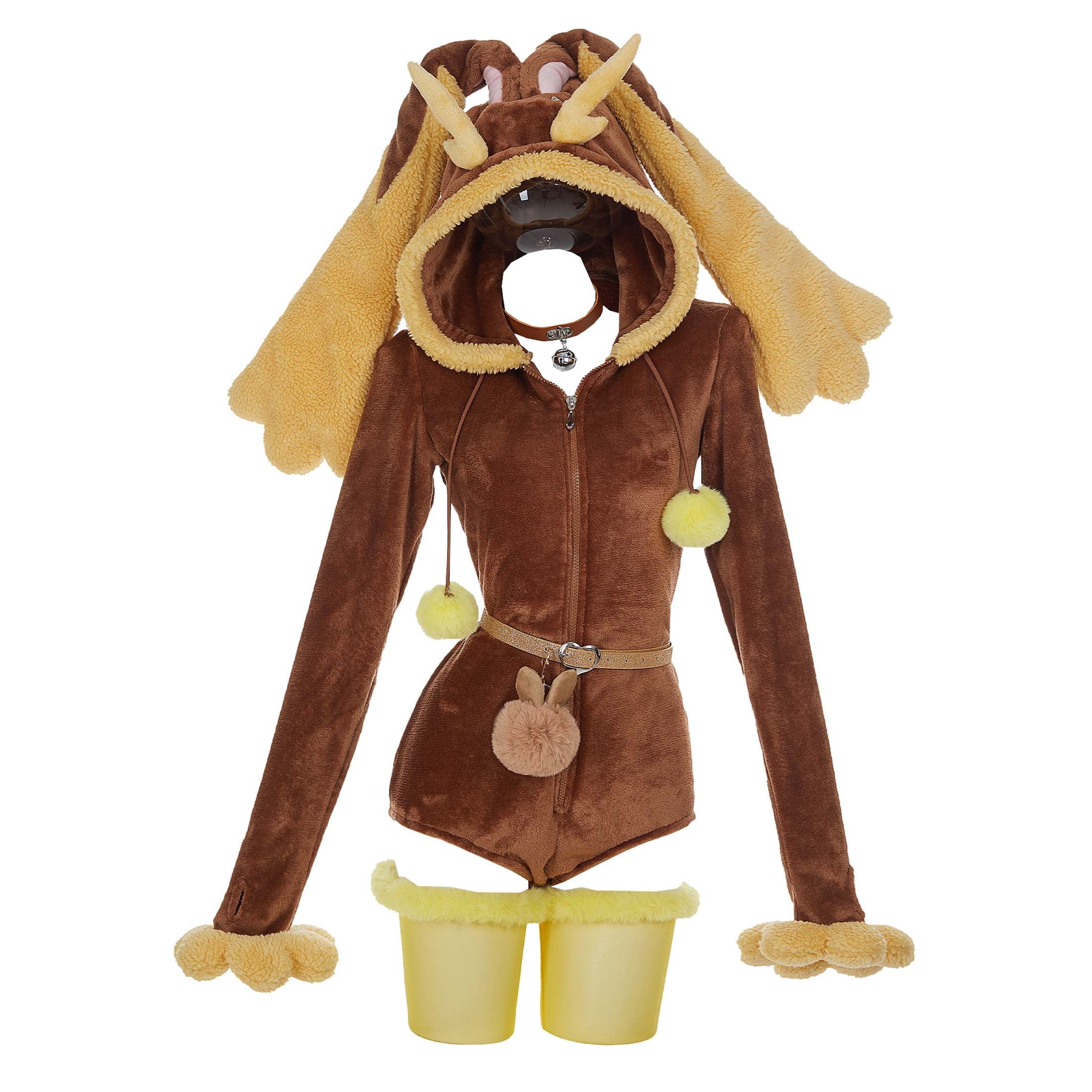 MOBBUNNY PM Derivative Brown Fluffy Bodycon Romper Hooded Bodysuit with ...