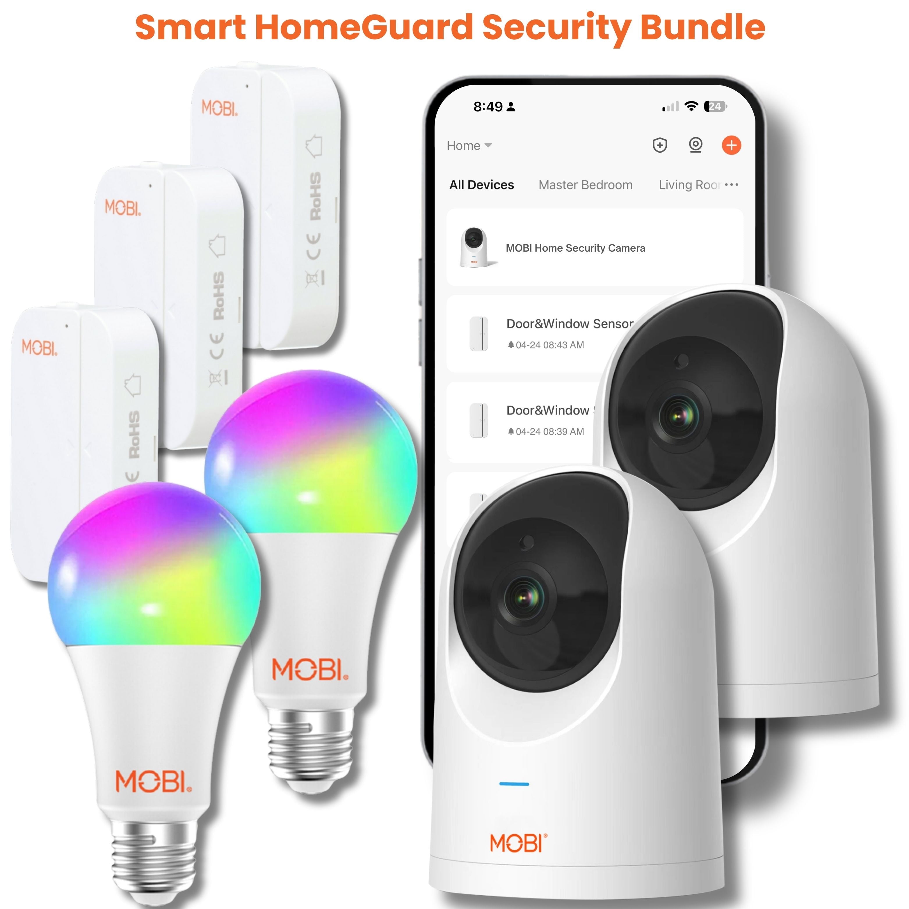 MOBI Home Security Bundle: 2 x Camera, 3 x Door/Window Sensor, and 2 x ...