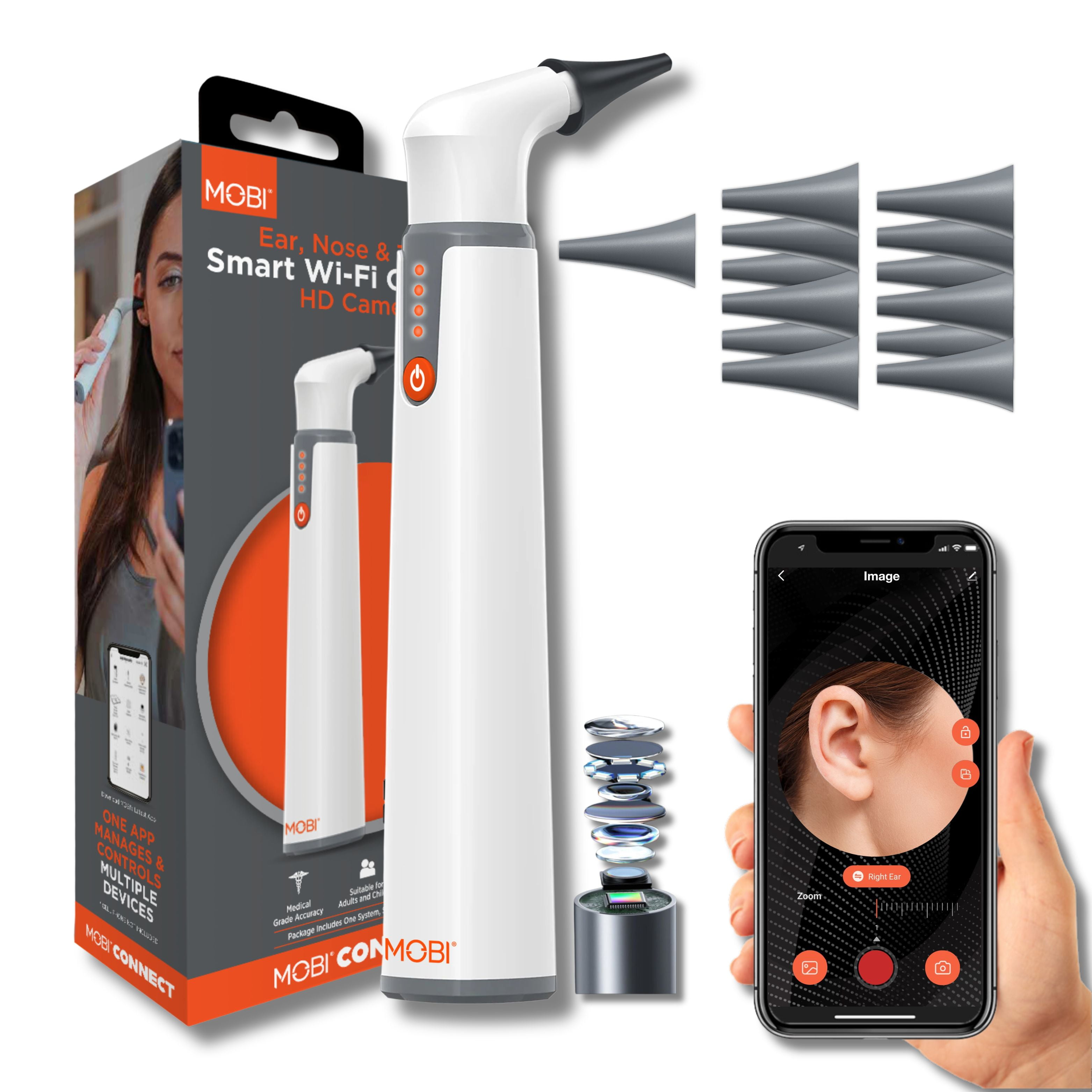 MOBI Wi-Fi Otoscope for Ears, Nose & Throat - 1080P HD Lens, Multi-Axis ...