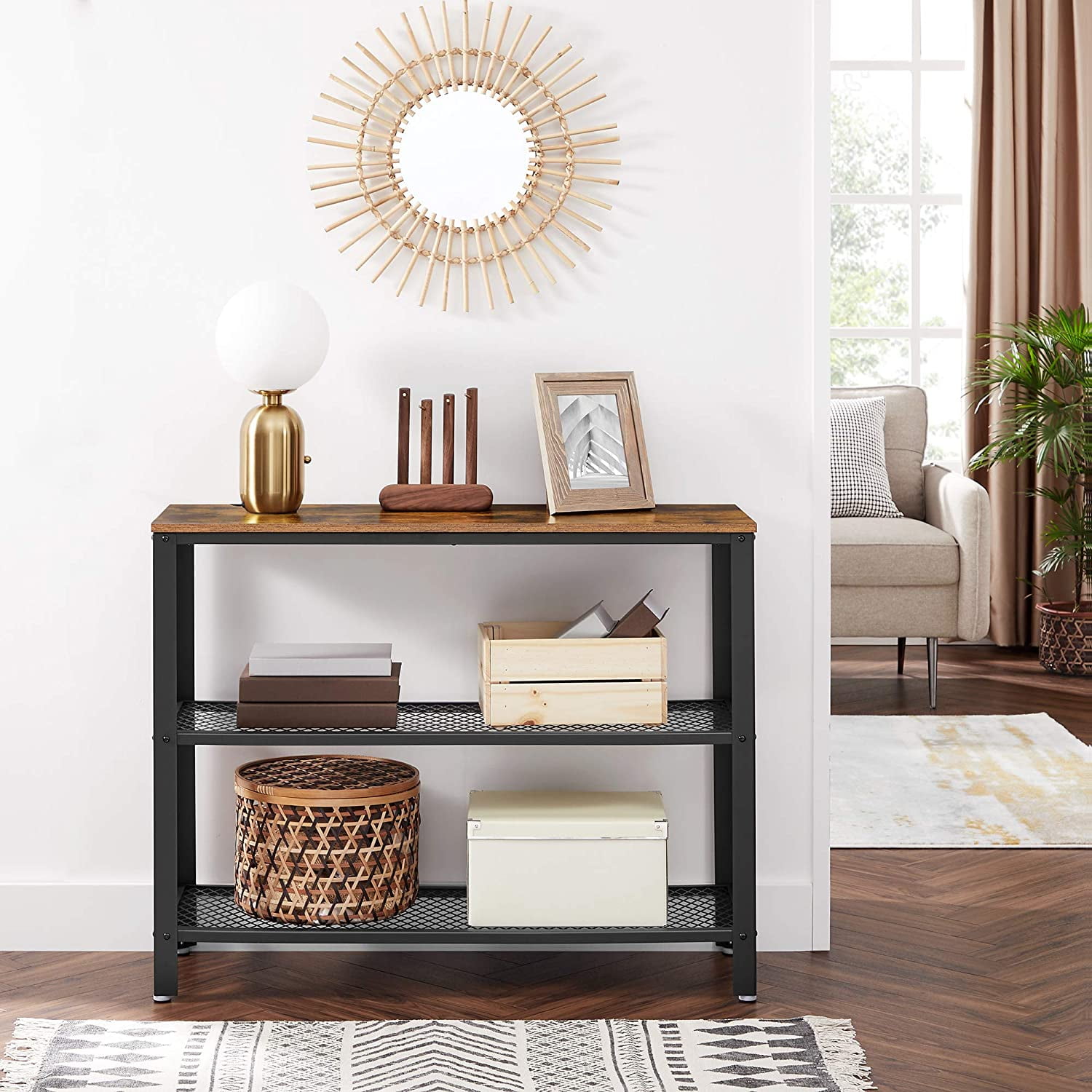 MOBICIA Industrial Console Table, Hallway Table with 2 Mesh Shelves ...