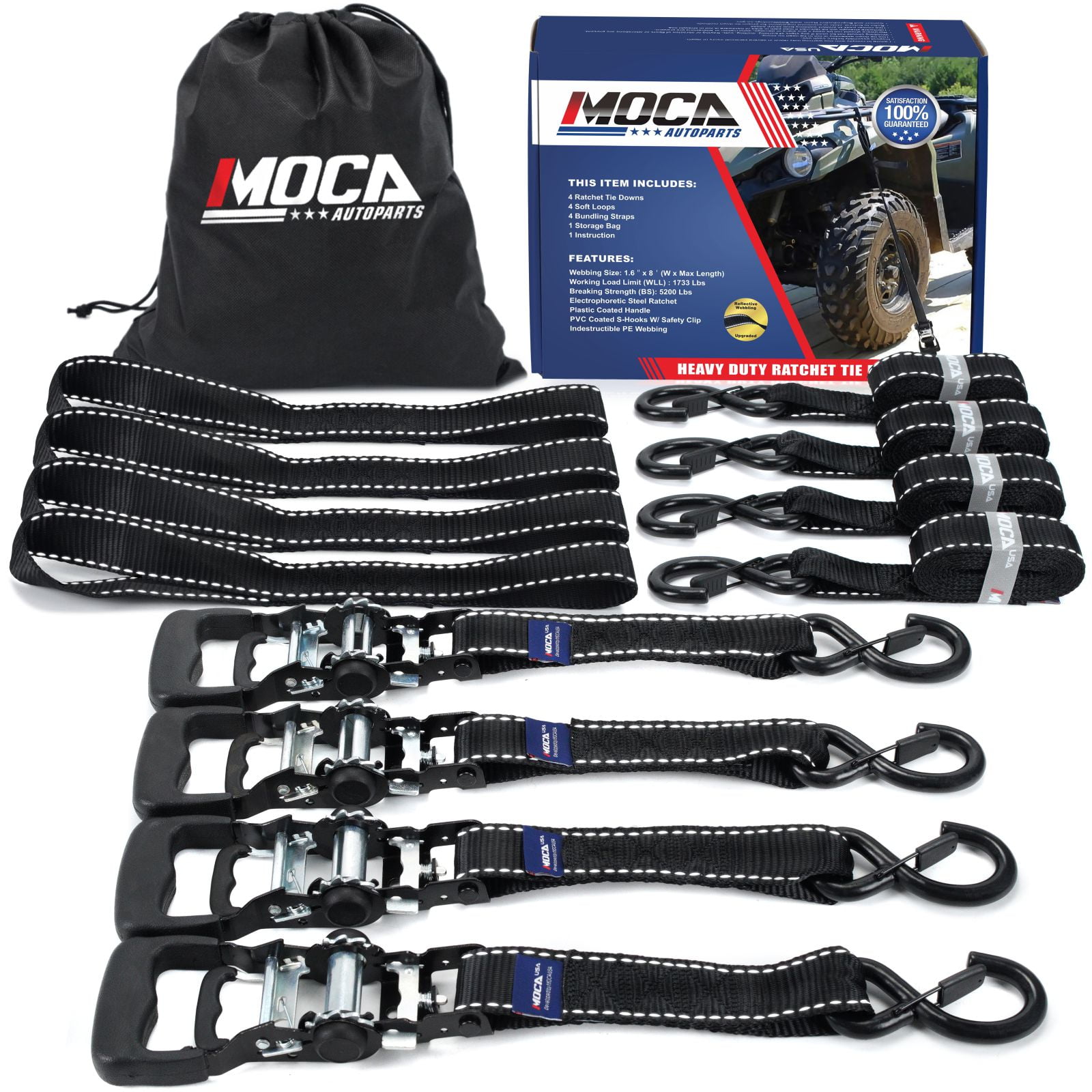 MOCA AUTOPARTS Reflective Heavy Duty Ratchet Tie Down Straps - 5200 Lbs ...