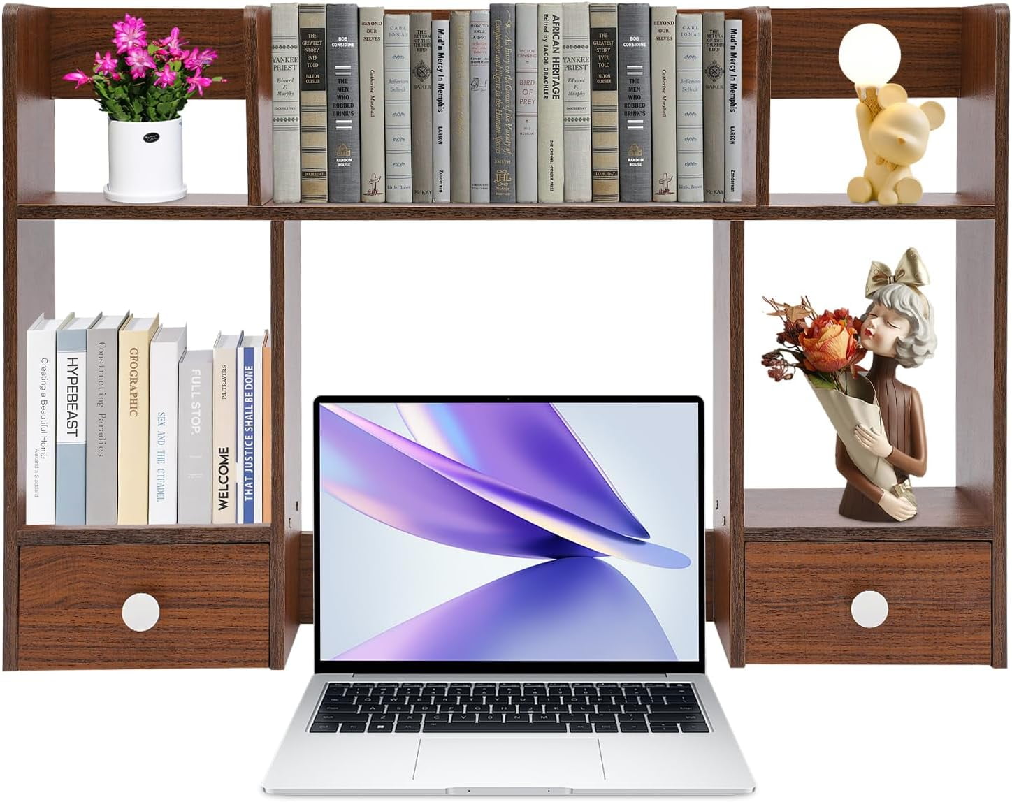 MOCHAG Desktop Bookshelf, 2-Tier High-Capacity Organizer w/2 Drawers ...