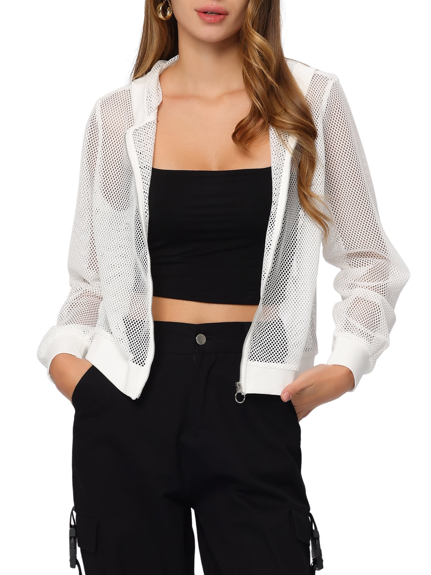 MODA NOVA Hoodie Jacket for Juniors' Zip Down Long Sleeve Mesh Sheer ...