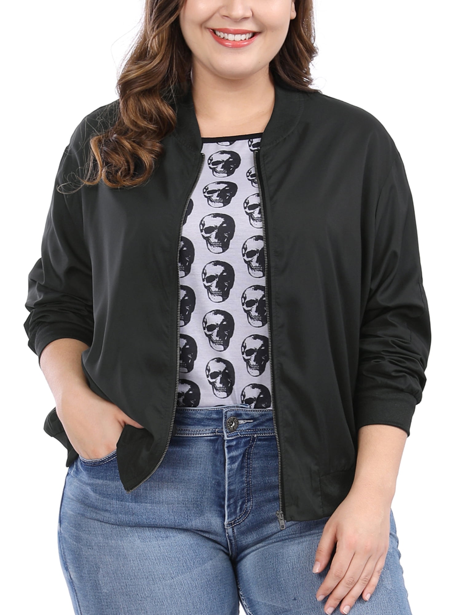 Agnes Orinda Women Plus Size Contrast Trim Zipper Hip Length Bomber ...