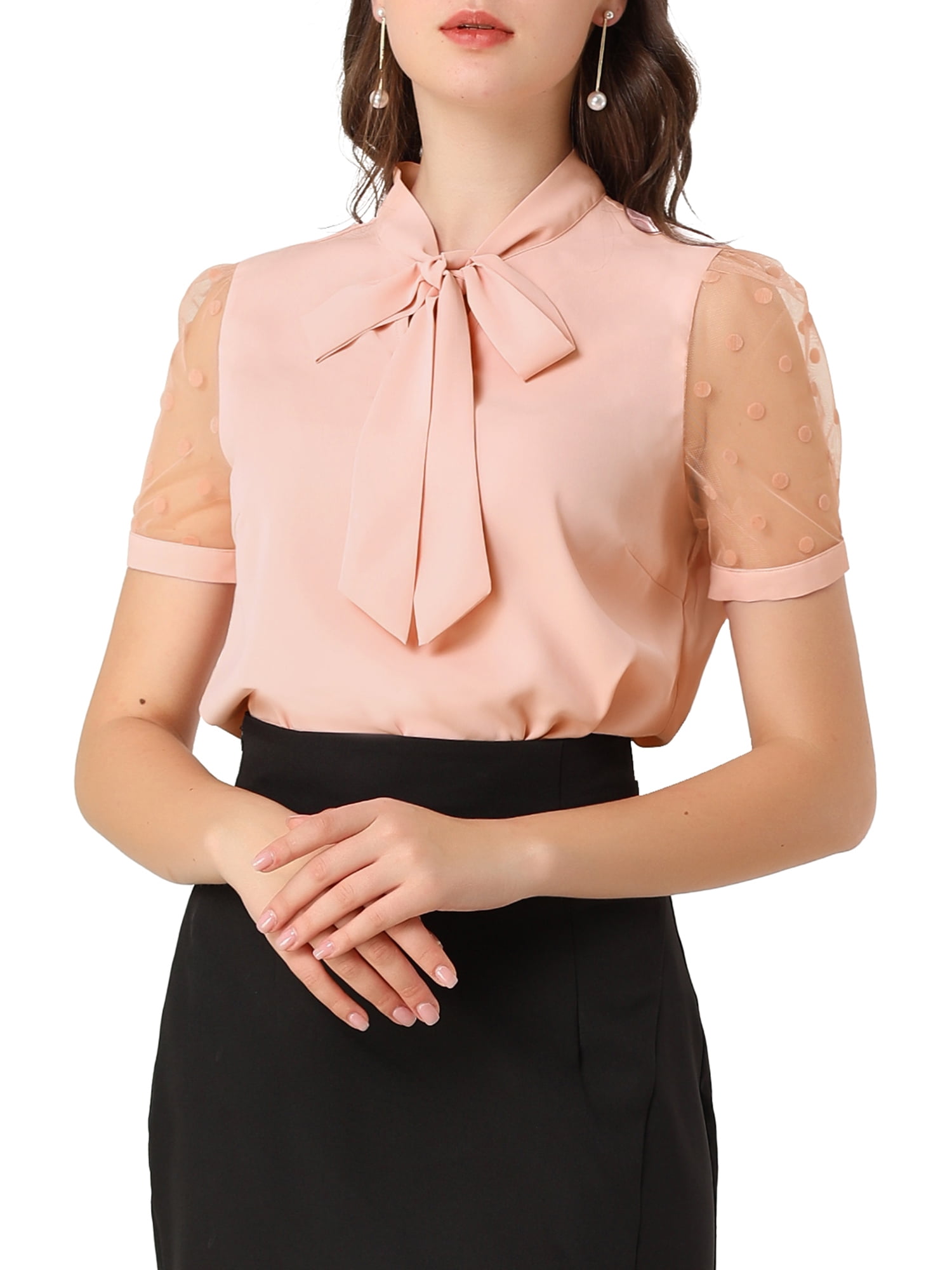 MODA NOVA Junior's Bow Tie Neck Stand Collar Short Mesh Sleeve Blouse ...