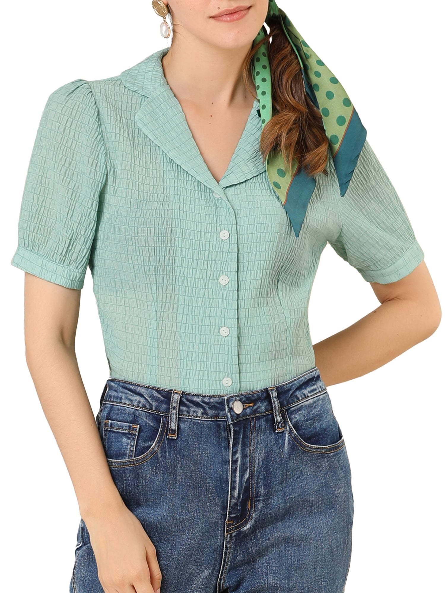 MODA NOVA Junior's Camp Collar Button Front Short Bubble Sleeve Shirt ...