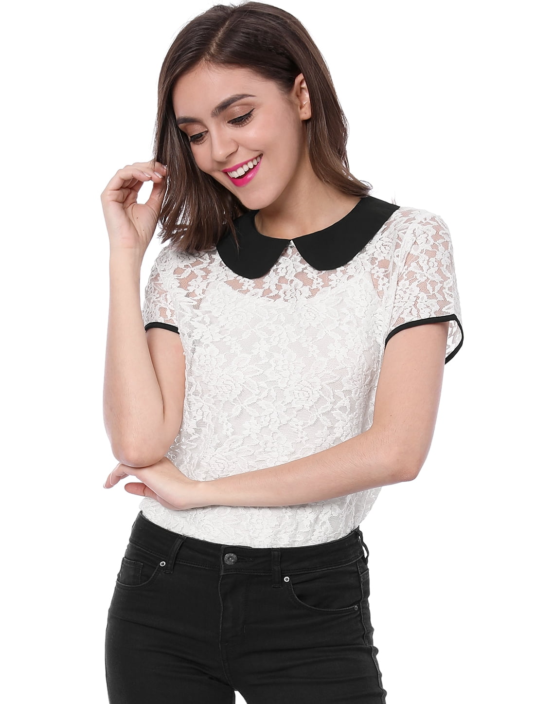 MODA NOVA Junior's Contrast Doll Collar Short Sleeve Tops Sheer Lace ...