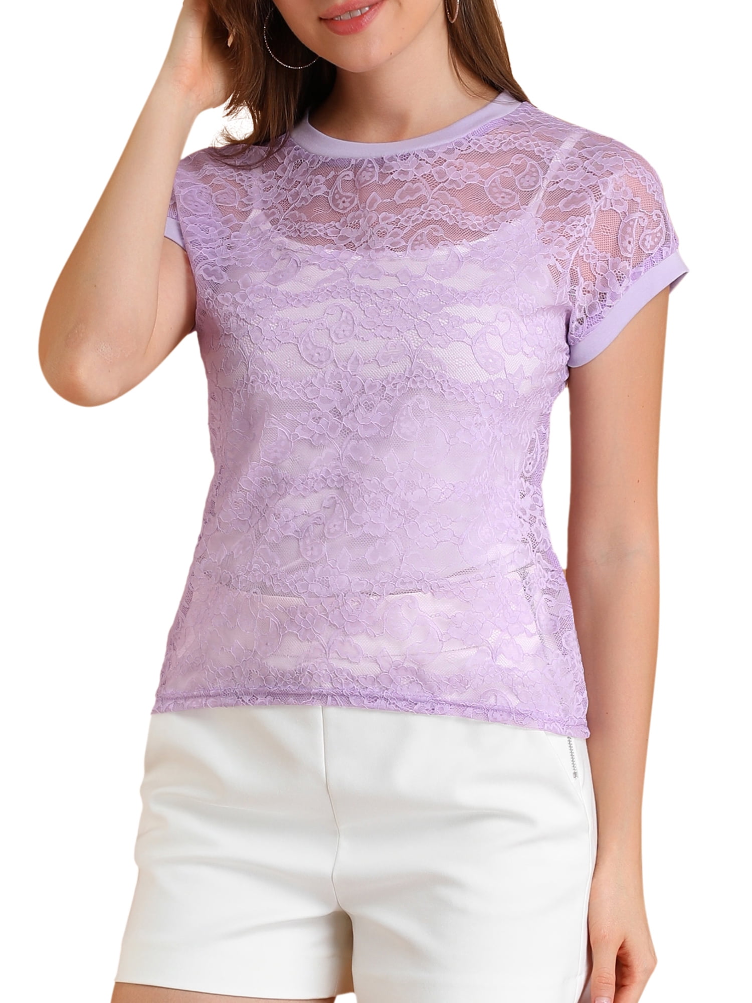 MODA NOVA Junior's Curved Hem Sheer Short Sleeves Floral Lace Blouse ...