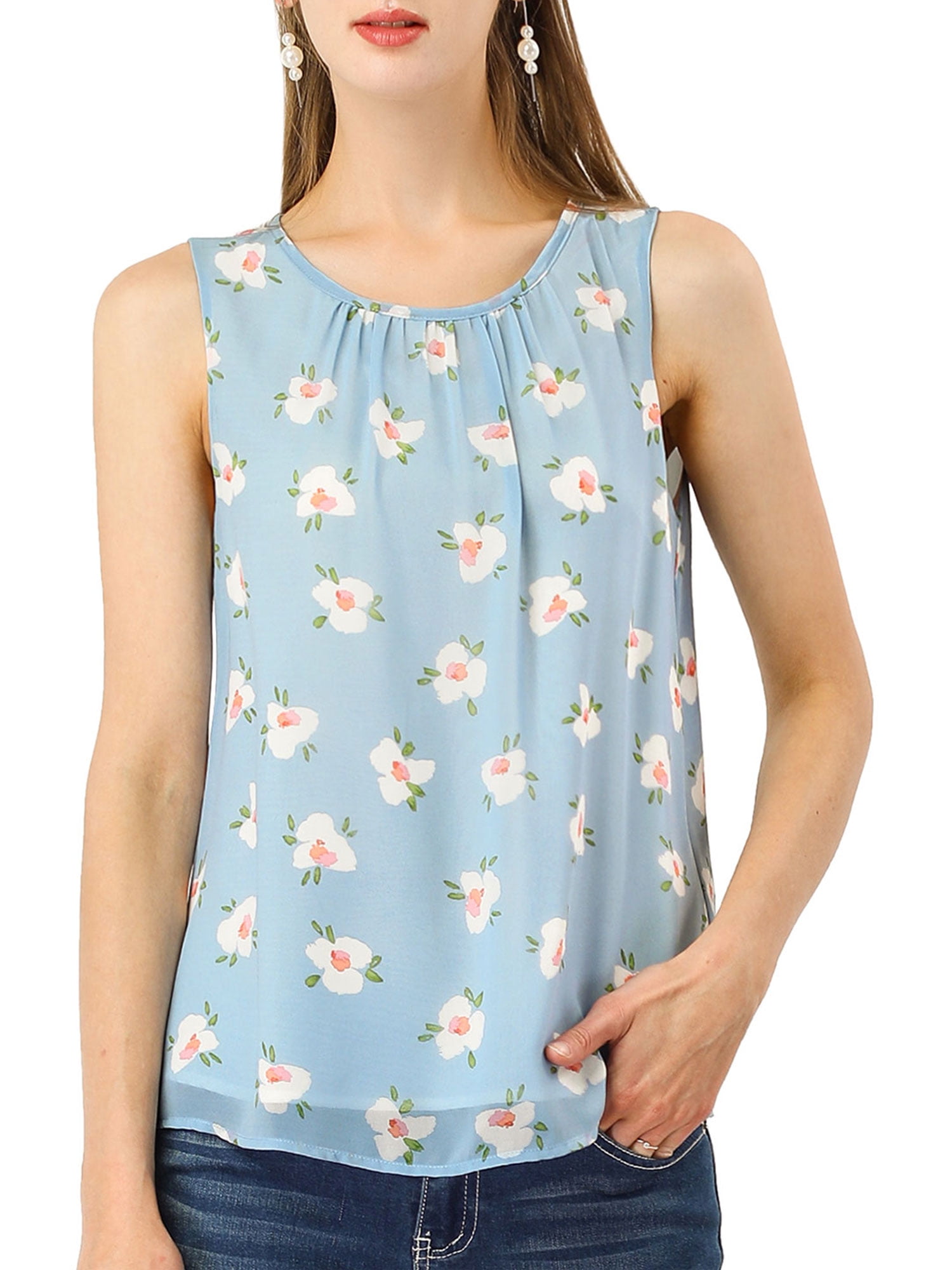 MODA NOVA Junior's Floral Print Tank Tops Round Neck Sleeveless Chiffon ...