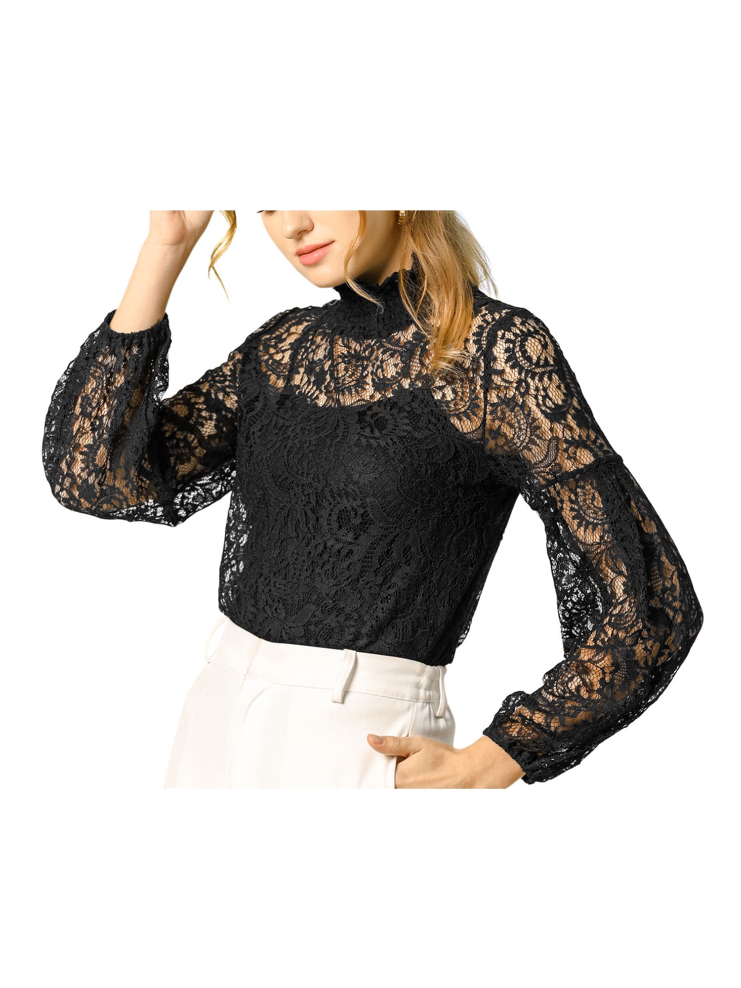 MODA NOVA Junior's Lace Semi Sheer Long Sleeves Vintage Tops Blouse ...