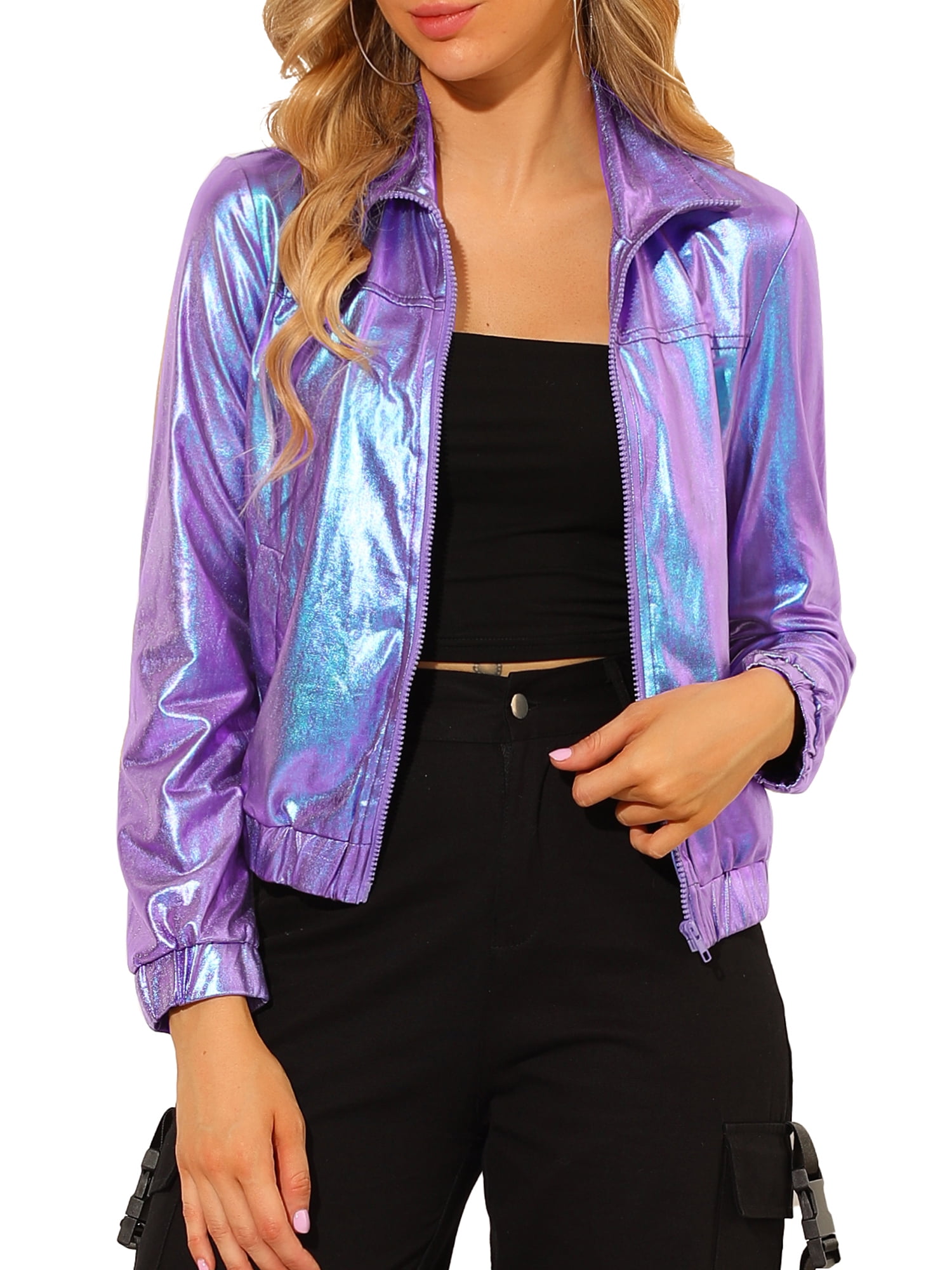 MODA NOVA Junior's Metallic Shiny Long Sleeve Zip Front Short Track ...