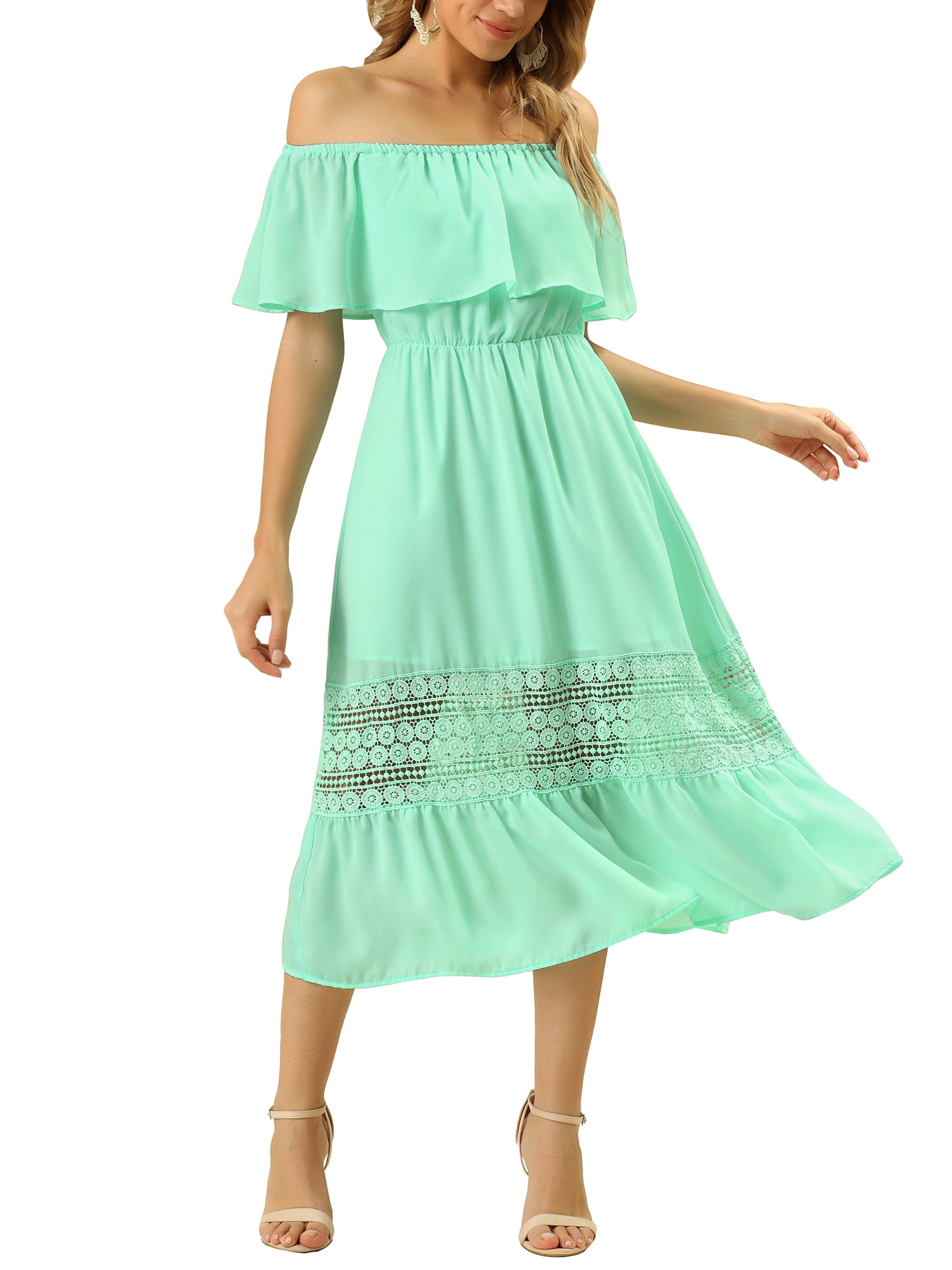 MODA NOVA Junior's Off Shoulder Lace Splicing Flutter Sleeve Maxi Midi ...